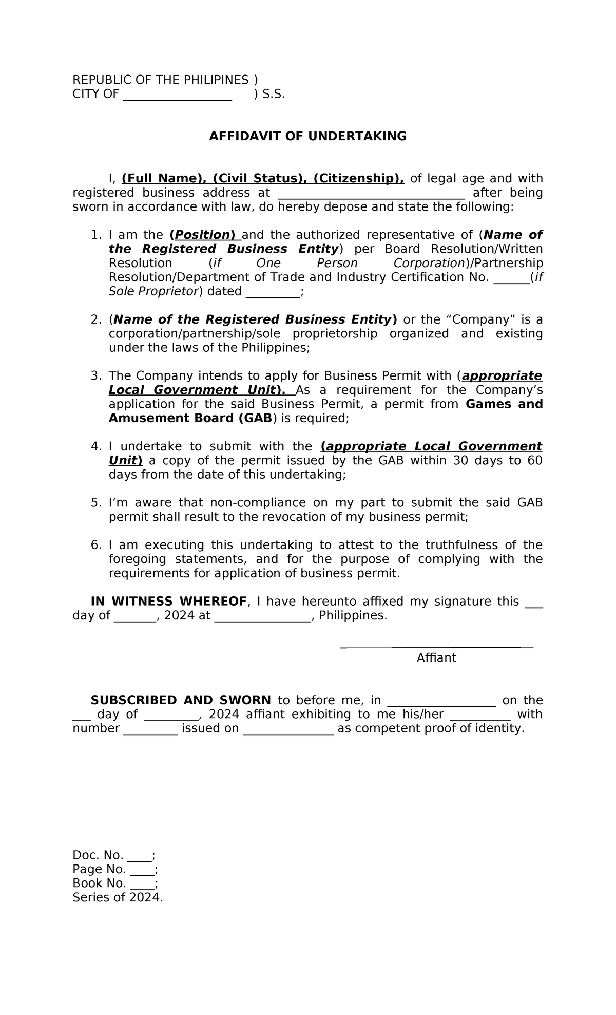 Sample Legal Affidavit of Undertaking for Business Permit Application ...
