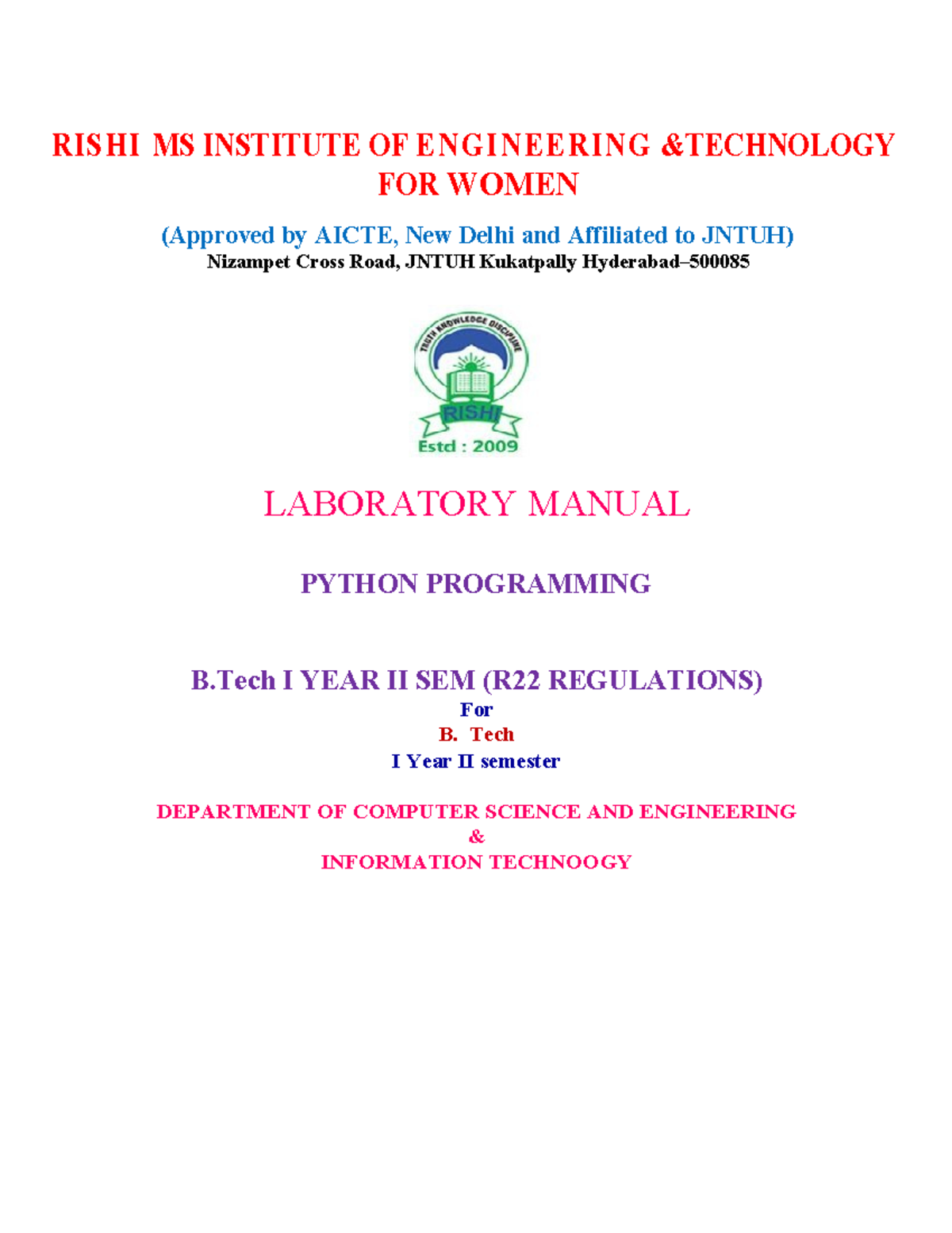 B.Tech I Year II Sem (R22) Python Programming Lab Manual - Studocu