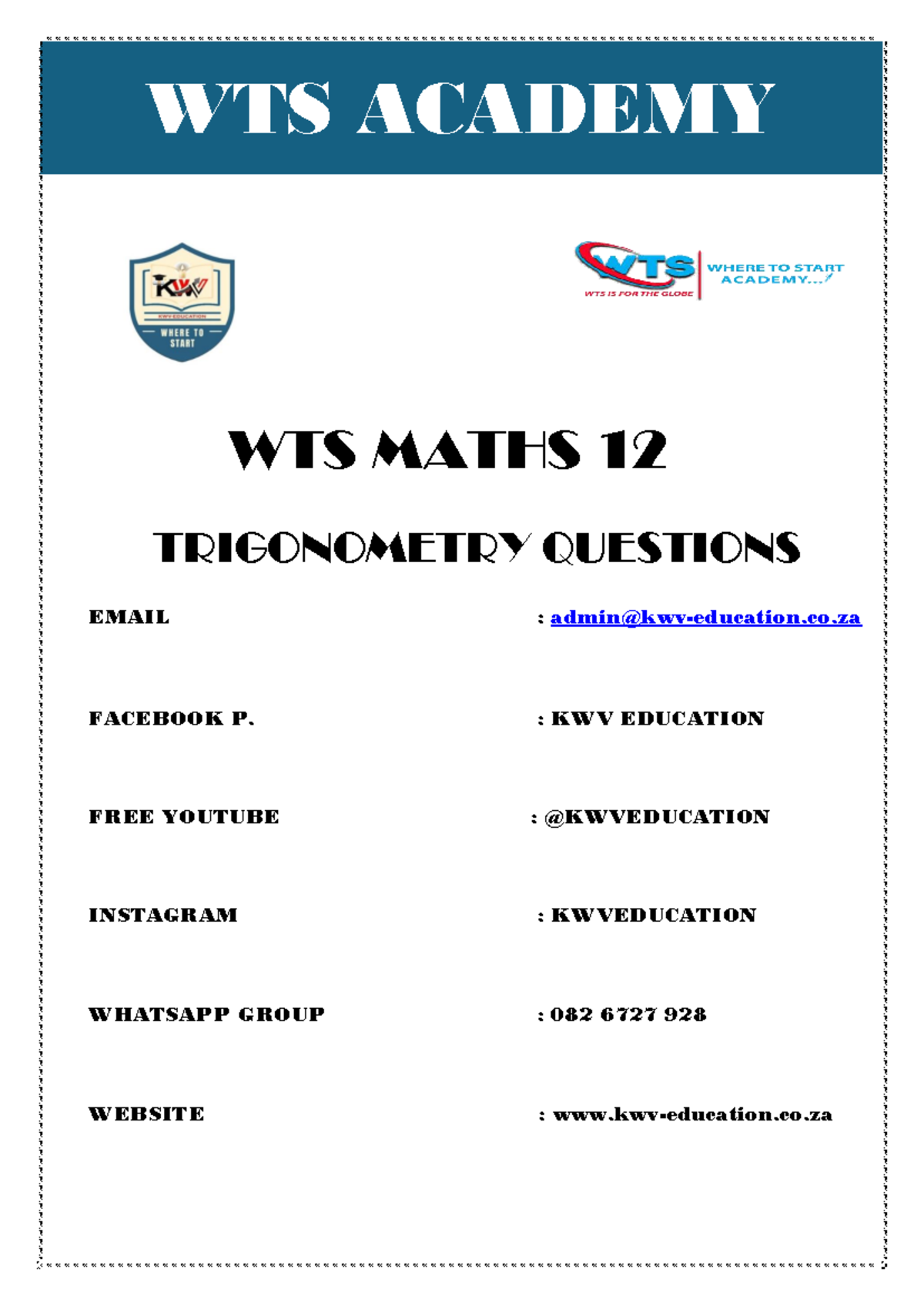 2025 WTS 12 Trigonometry Questions - WTS ACADEMY WTS MATHS 1 2 ...