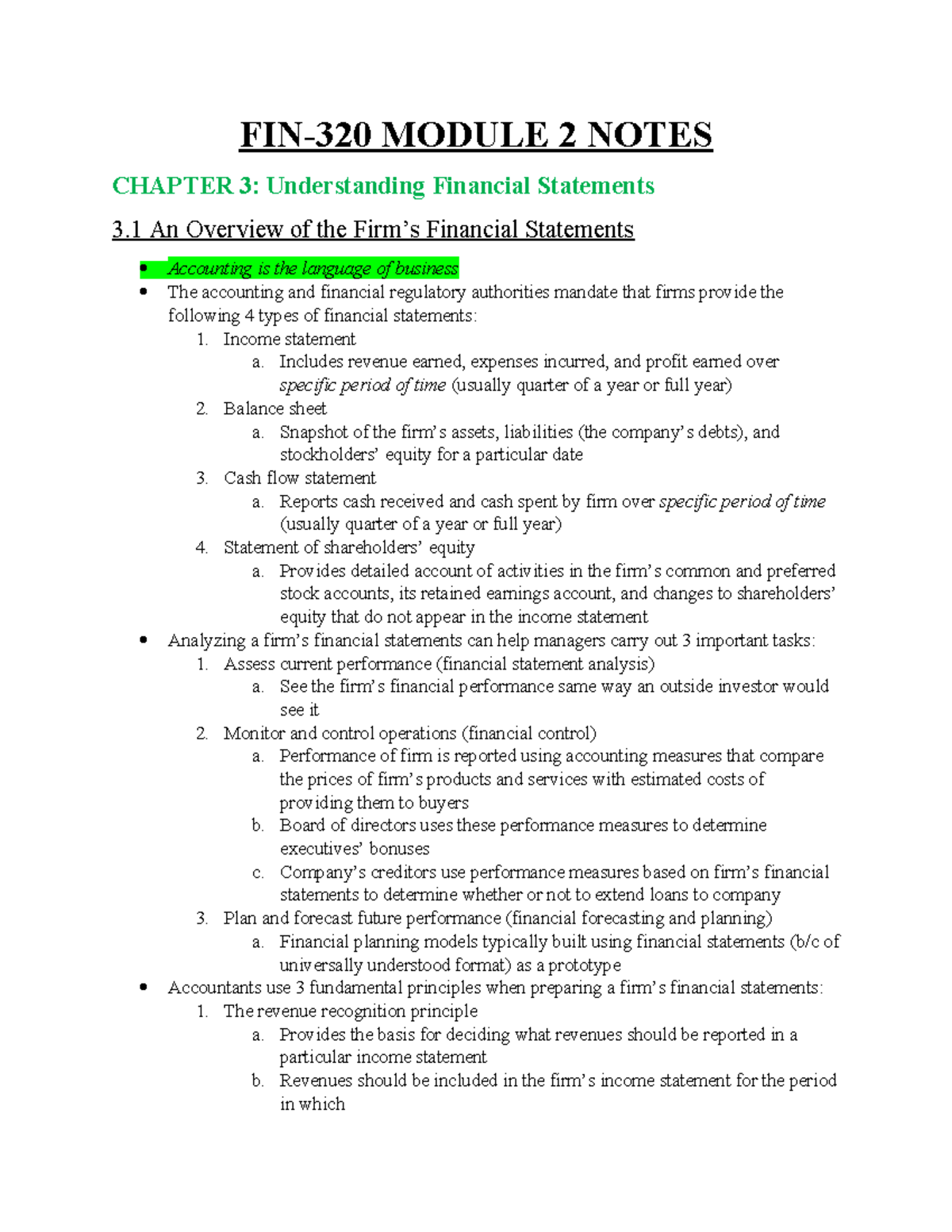 FIN-320 Module 2 Notes - FIN-320 MODULE 2 NOTES CHAPTER 3 ...