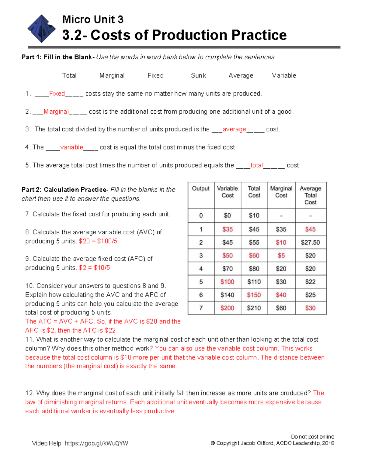 Answer Key Micro 3.2- Costs of Production Practice - Micro Unit 3 3- Costs of Production ...