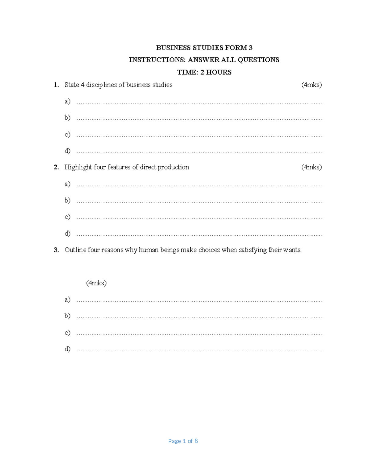 BUSINESS STUDIES FORM 3 - QUESTION PAPER & INSTRUCTIONS - Studocu