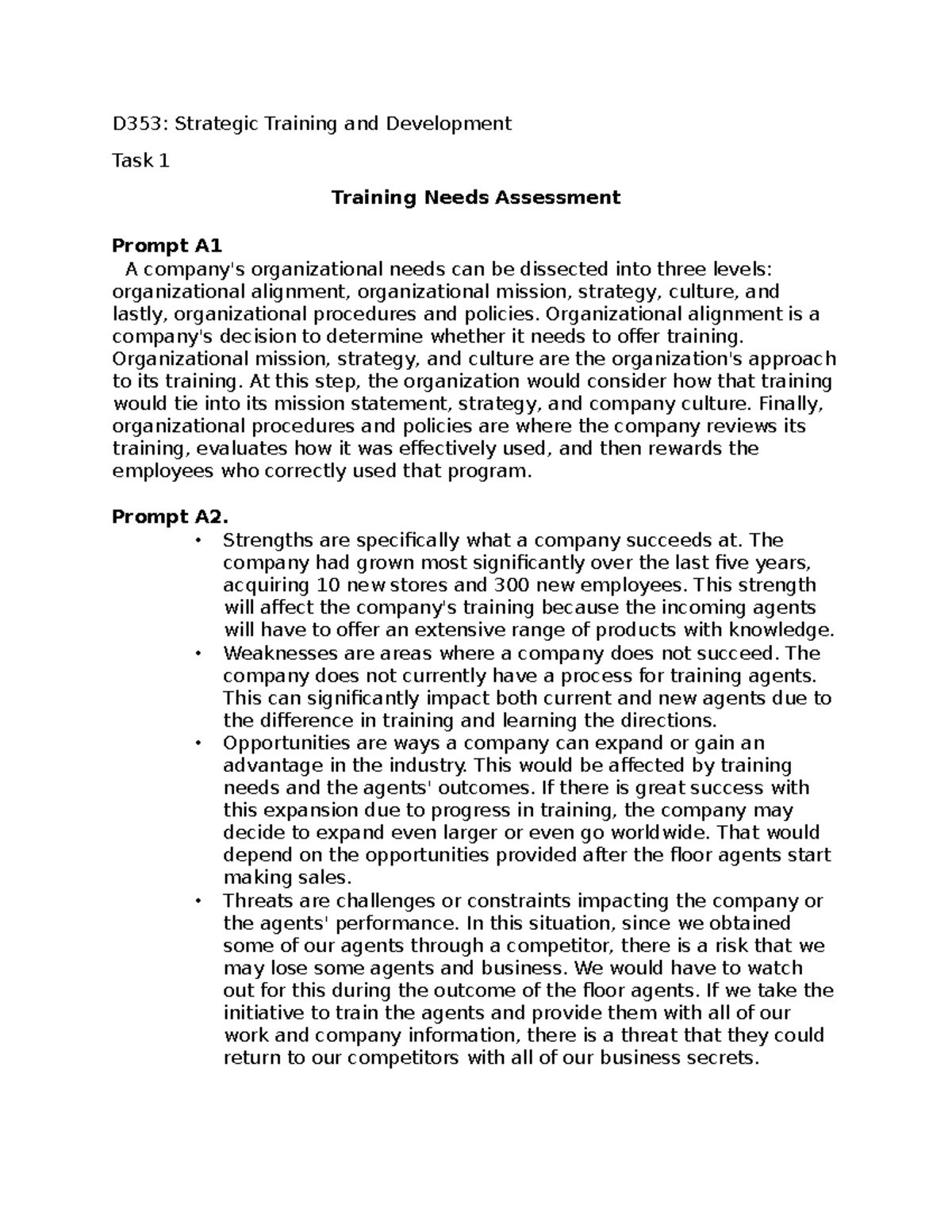 D353: Strategic Training & Development - Task 1 Needs Assessment - Studocu