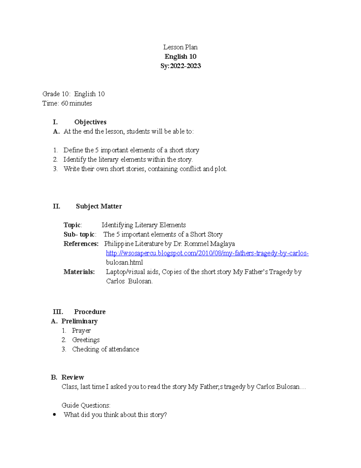 English 10 Lesson Plan: Elements of Short Stories and Evaluation - Studocu