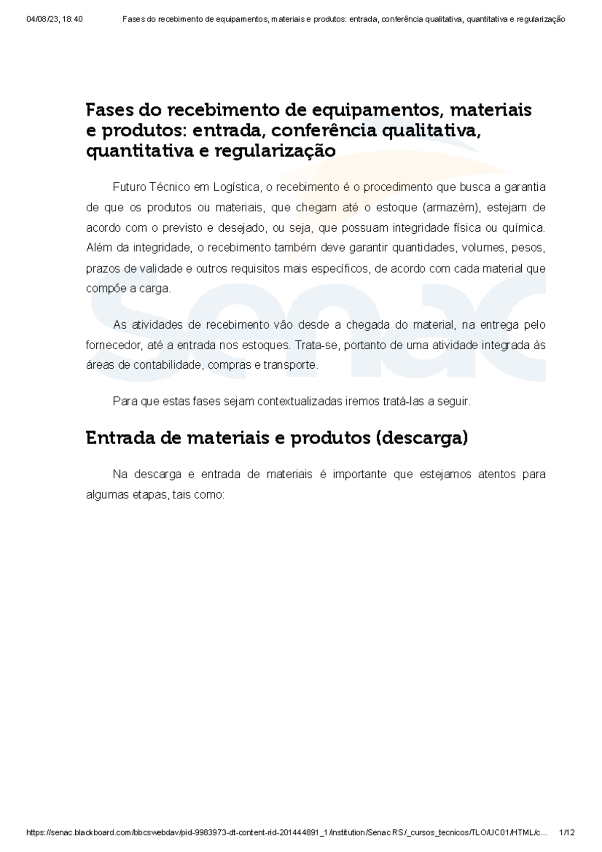 Fases do Recebimento de Materiais e Produtos em Logística - TLO - Studocu