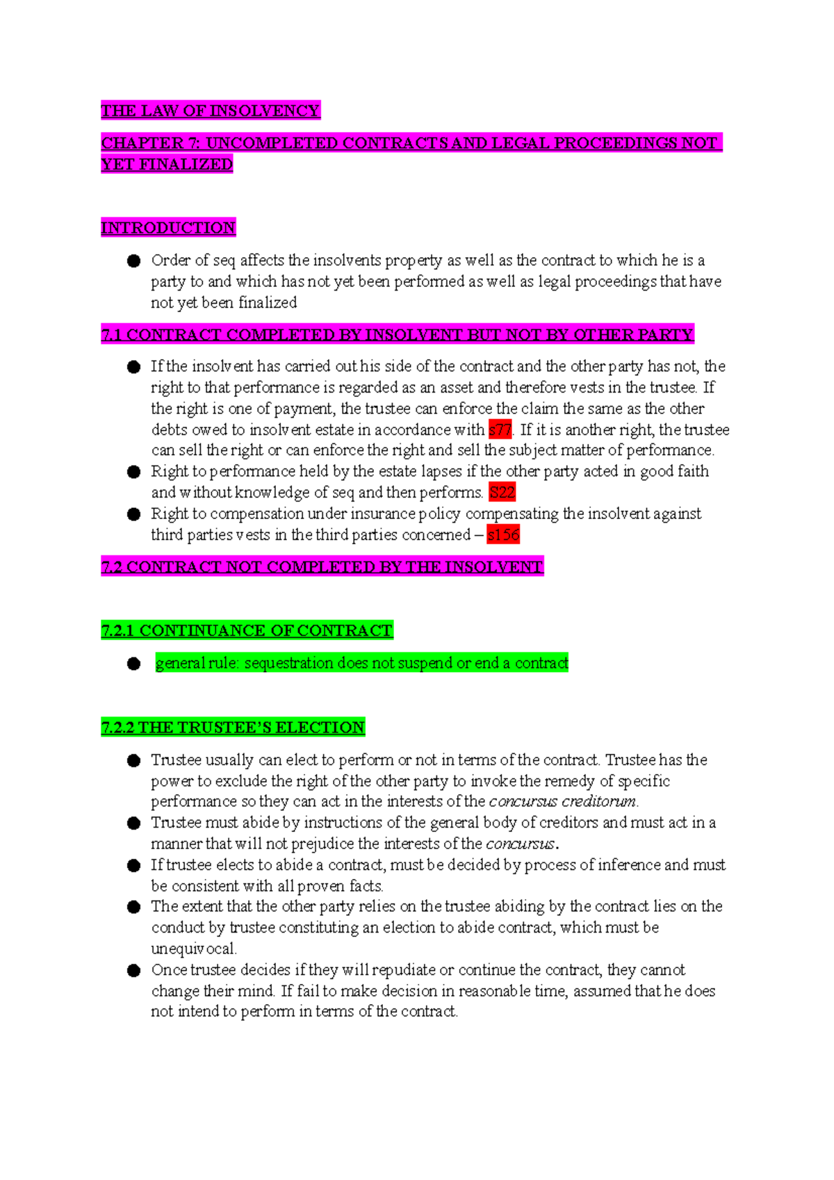 Insolvency Law: Chapter 7 - Unfinished Contracts & Legal Proceedings ...