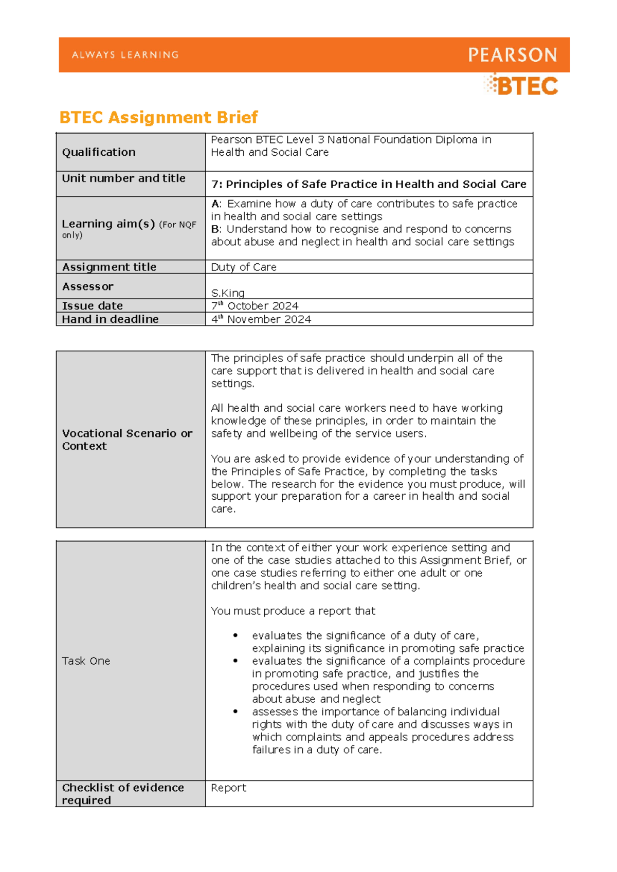 BTEC Level 3 Health & Social Care (2024) Assignment Brief: Duty of Care ...