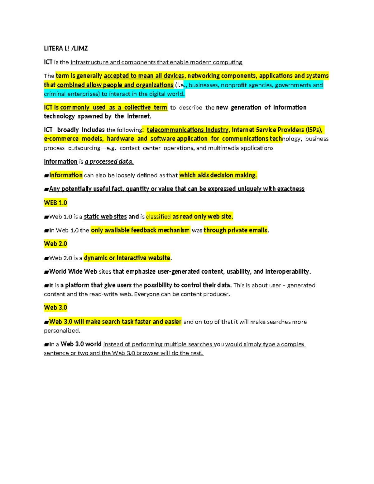 Prelim - LITERA L! /LIMZ ICT is the infrastructure and components that enable modern computing ...