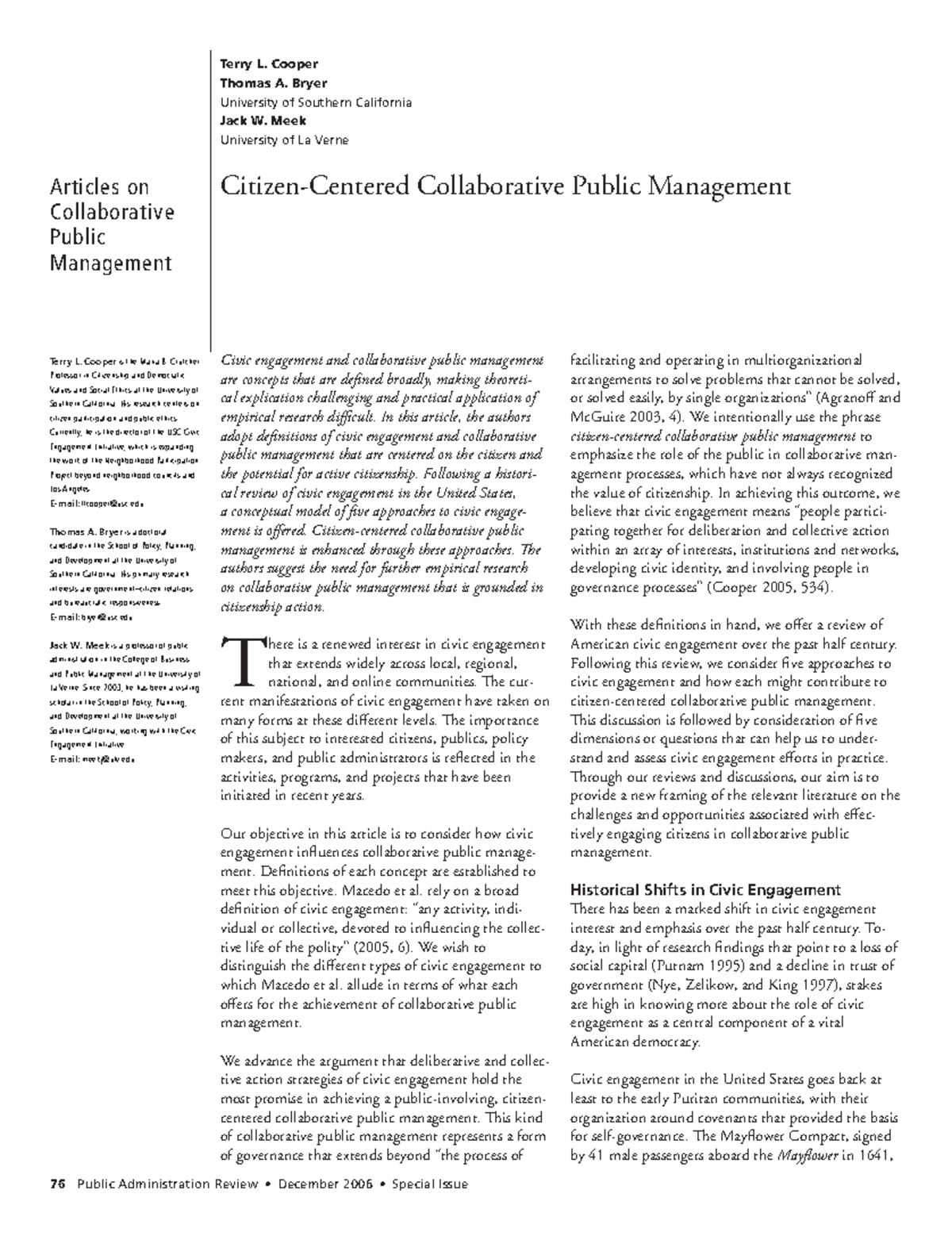 Citizen-Centered Collaborative Public Management: Overview and Insights ...