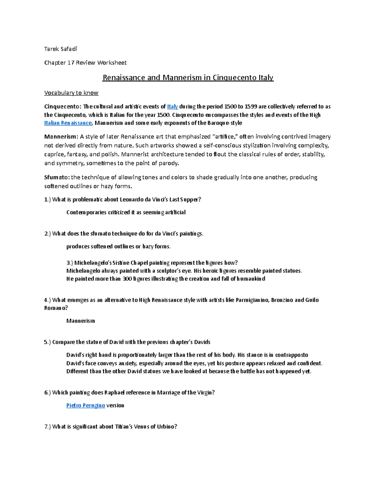 Ch17 Review: Renaissance & Mannerism in Cinquecento Italy Summary - Studocu