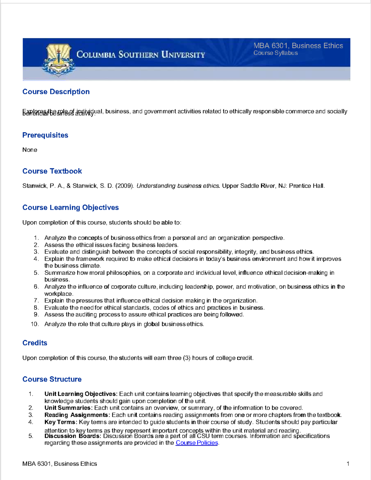 MBA 6301: Business Ethics Course Syllabus and Learning Objectives - Studocu