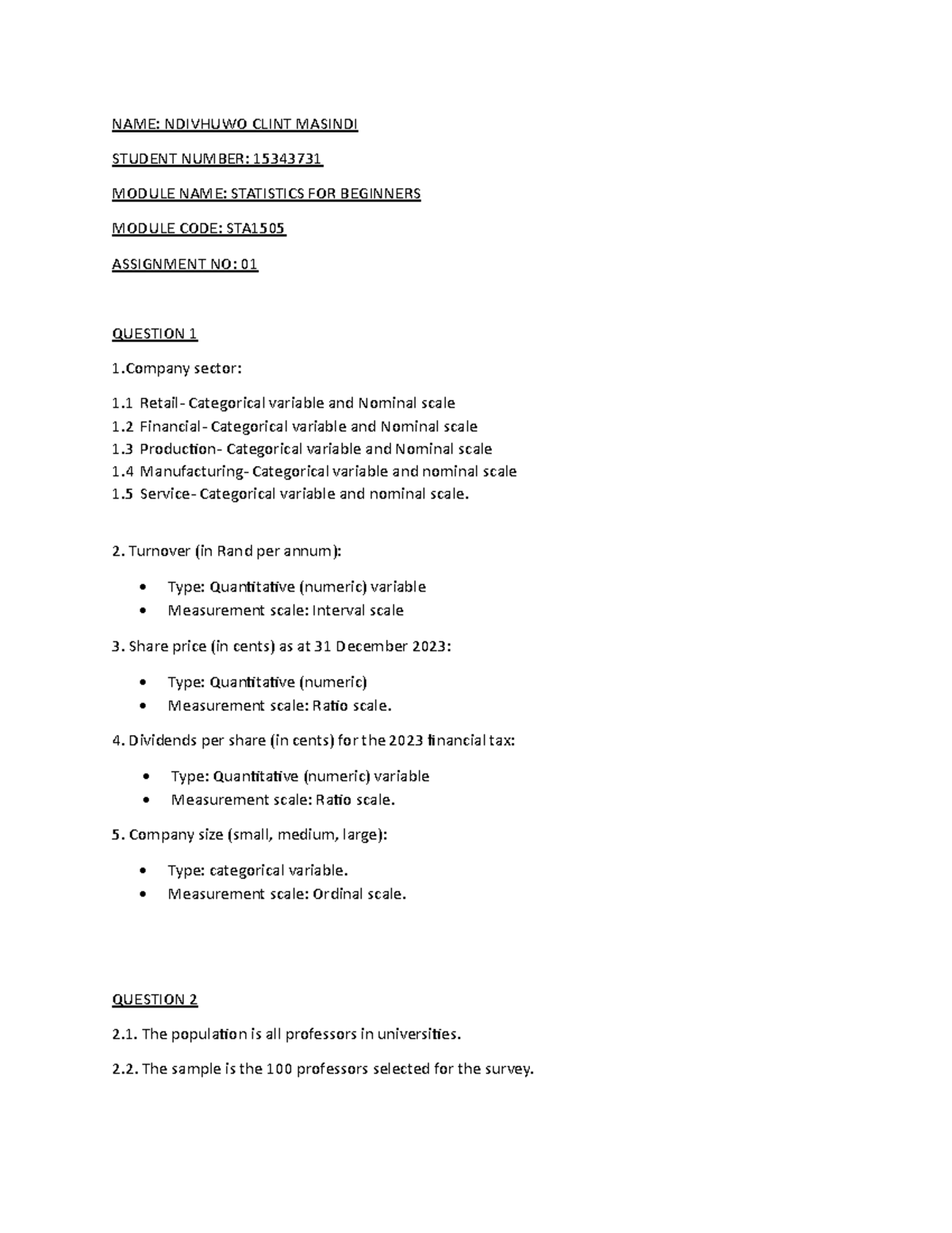 STA1505 Assignment 01 - Statistics Concepts & Sampling Methods - Studocu