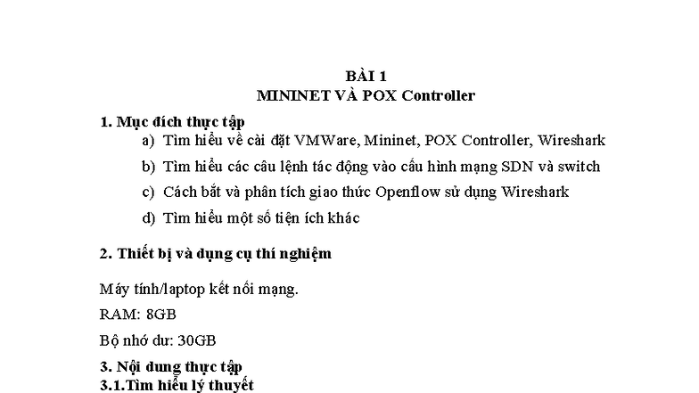 Bài 1 - Cài đặt Mininet và POX Controller trong SDN - Studocu