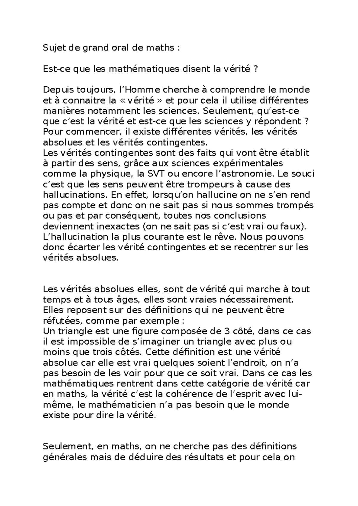 Grand Oral de Maths : La Vérité en Mathématiques ? - Studocu