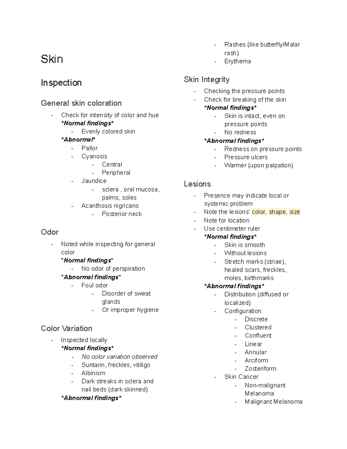 Skin, Hair, Nails Script - Skin Inspection General skin coloration ...