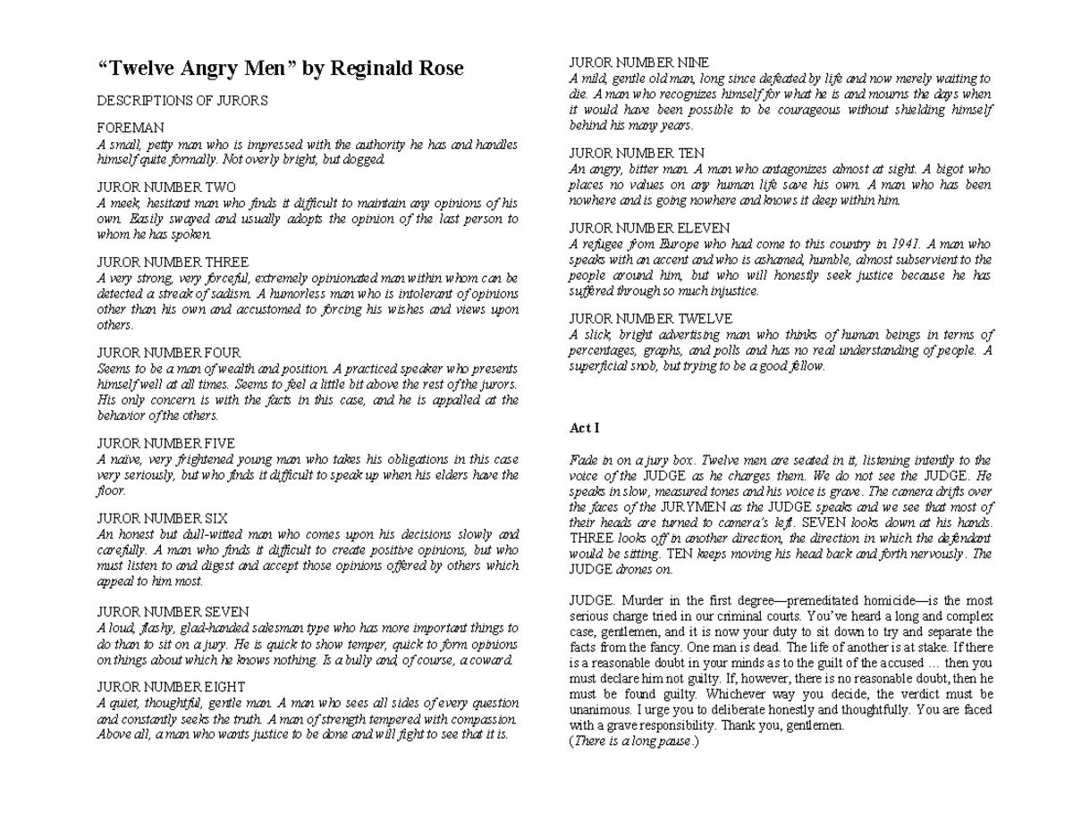 **Twelve Angry Men (Reginald Rose) Full Landscape Text Analysis** - Studocu