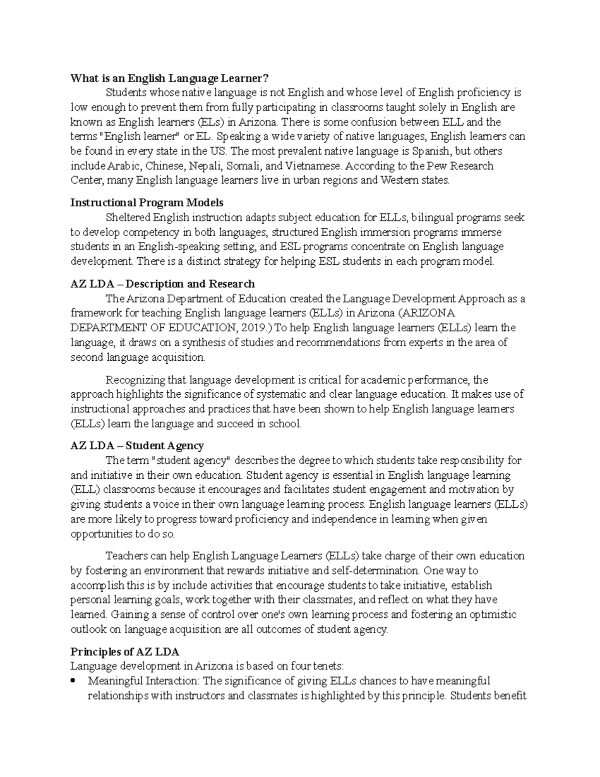 AZ Language Development: Analyzing ELL Approaches in Arizona - Studocu