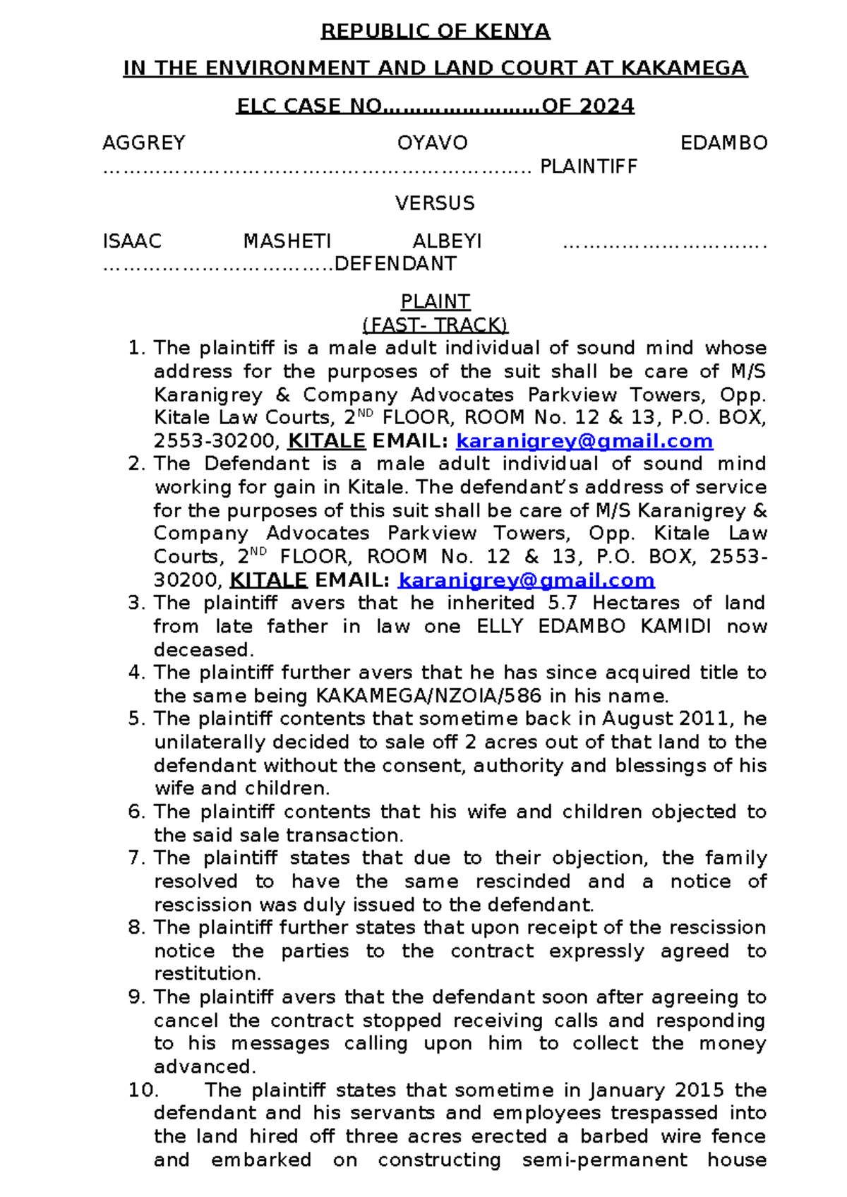 Plaint- Berdina - REPUBLIC OF KENYA IN THE ENVIRONMENT AND LAND COURT ...