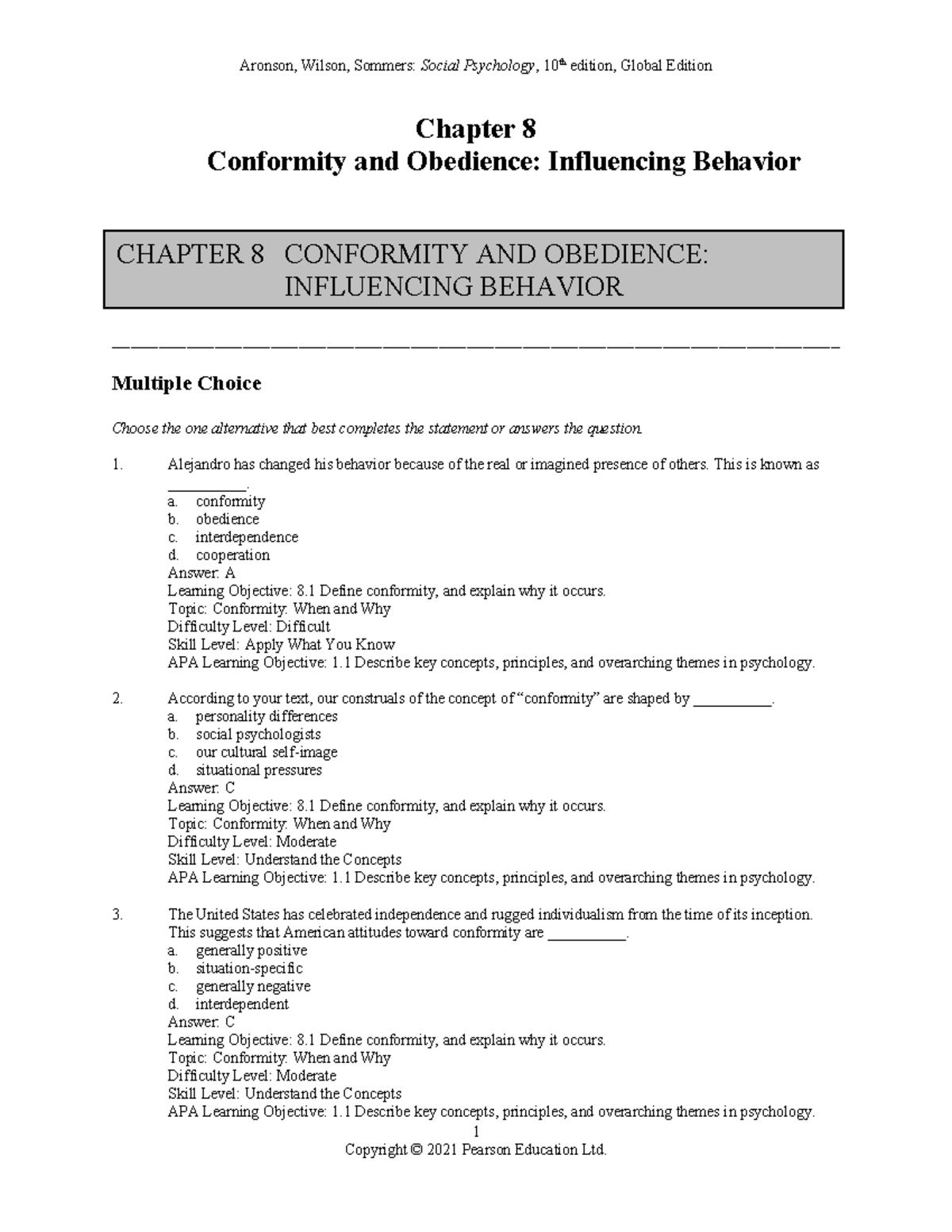 Social Psychology (PSY 101): Chapter 8 - Conformity and Obedience Exam ...