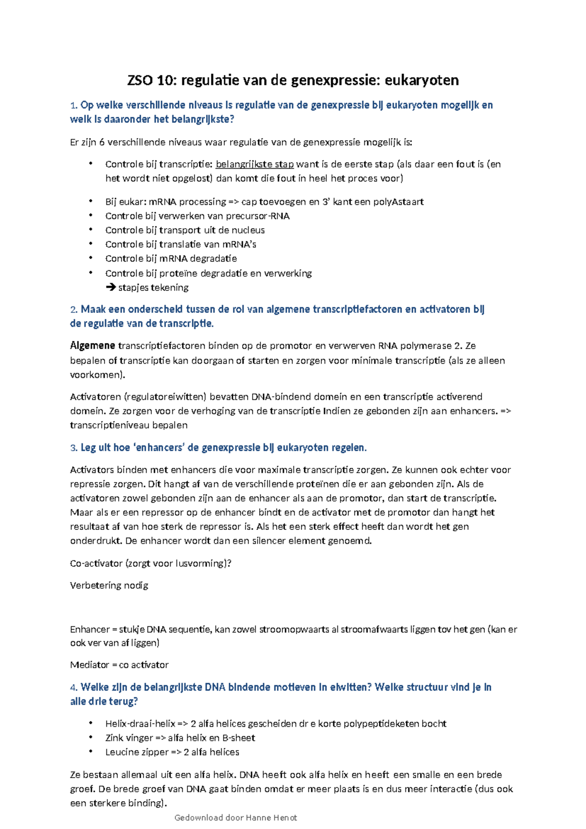ZSO 10: Genexpressie Regulatie en Transcriptie bij Eukaryoten - Studocu