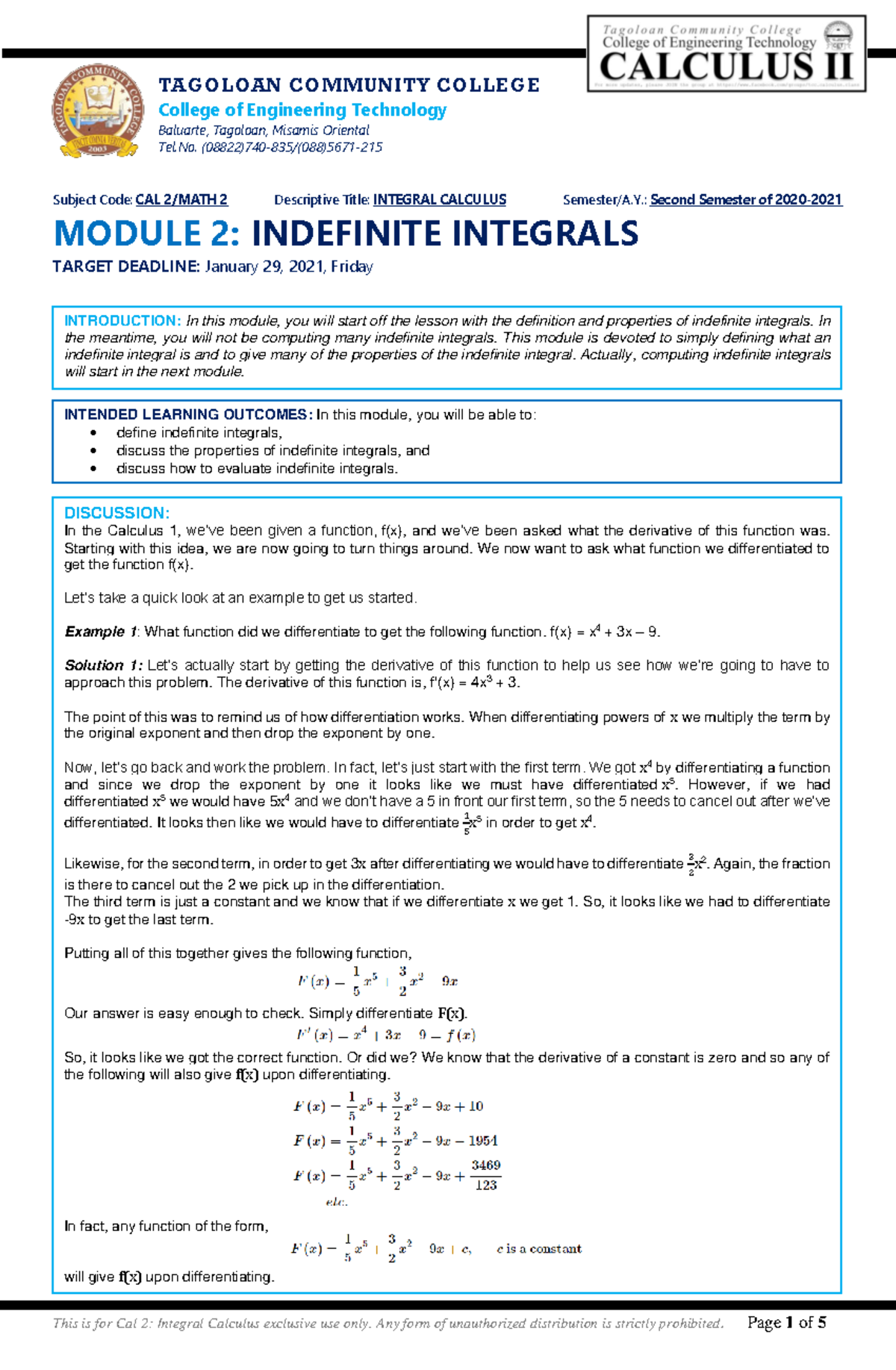 Module 2 of Calculus 2 - Lecture notes 2 - INTRODUCTION: In this module ...