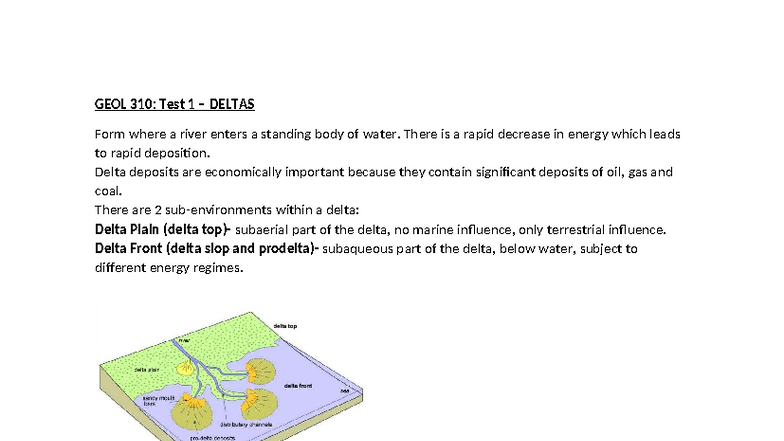 GEOL 310: Test 1 Notes on Delta Formation and Morphology - Studocu