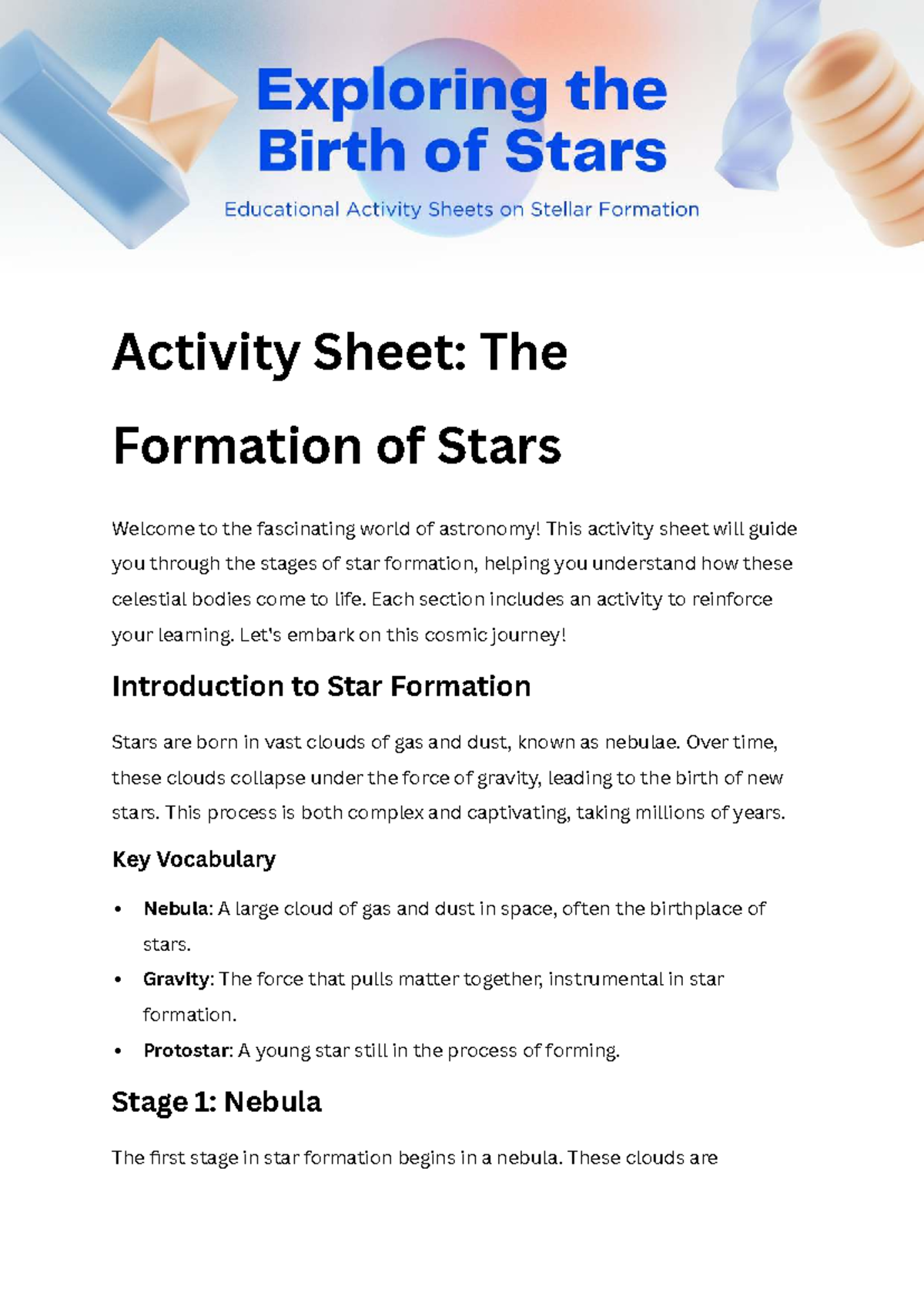 Activity Sheet: Understanding Star Formation Stages - Studocu