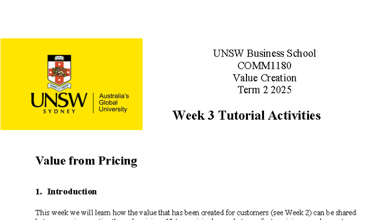 COMM1180 2025T2 Week 3 Tutorial: Value Creation & Pricing Strategies ...