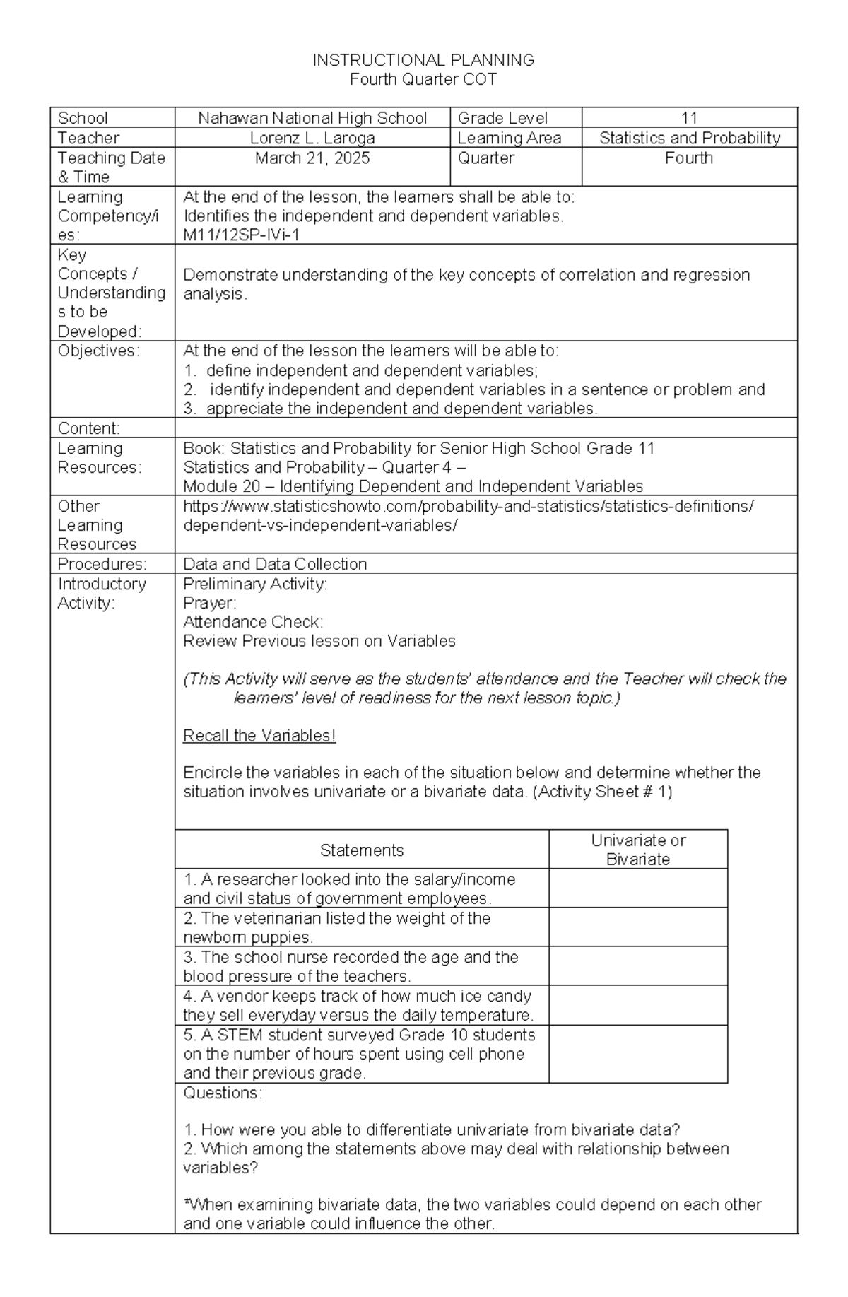 Statistics and Probability 11: 4th Quarter COT Lesson Plan - Studocu