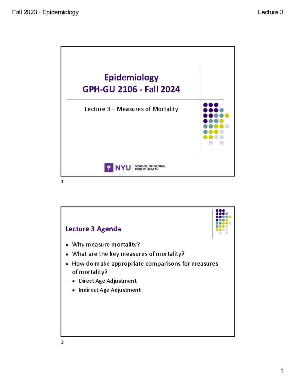 Lecture 3 Epi 2016 Measures of Mortality - Epidemiology GPH-GU 2106 - Fall 2024 Lecture 3 ...