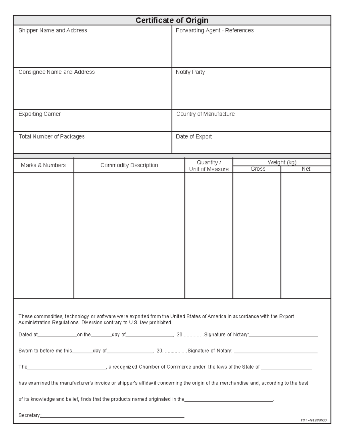 Certificate of Origin Document - Shipper & Consignee Details FXF-SL235 ...