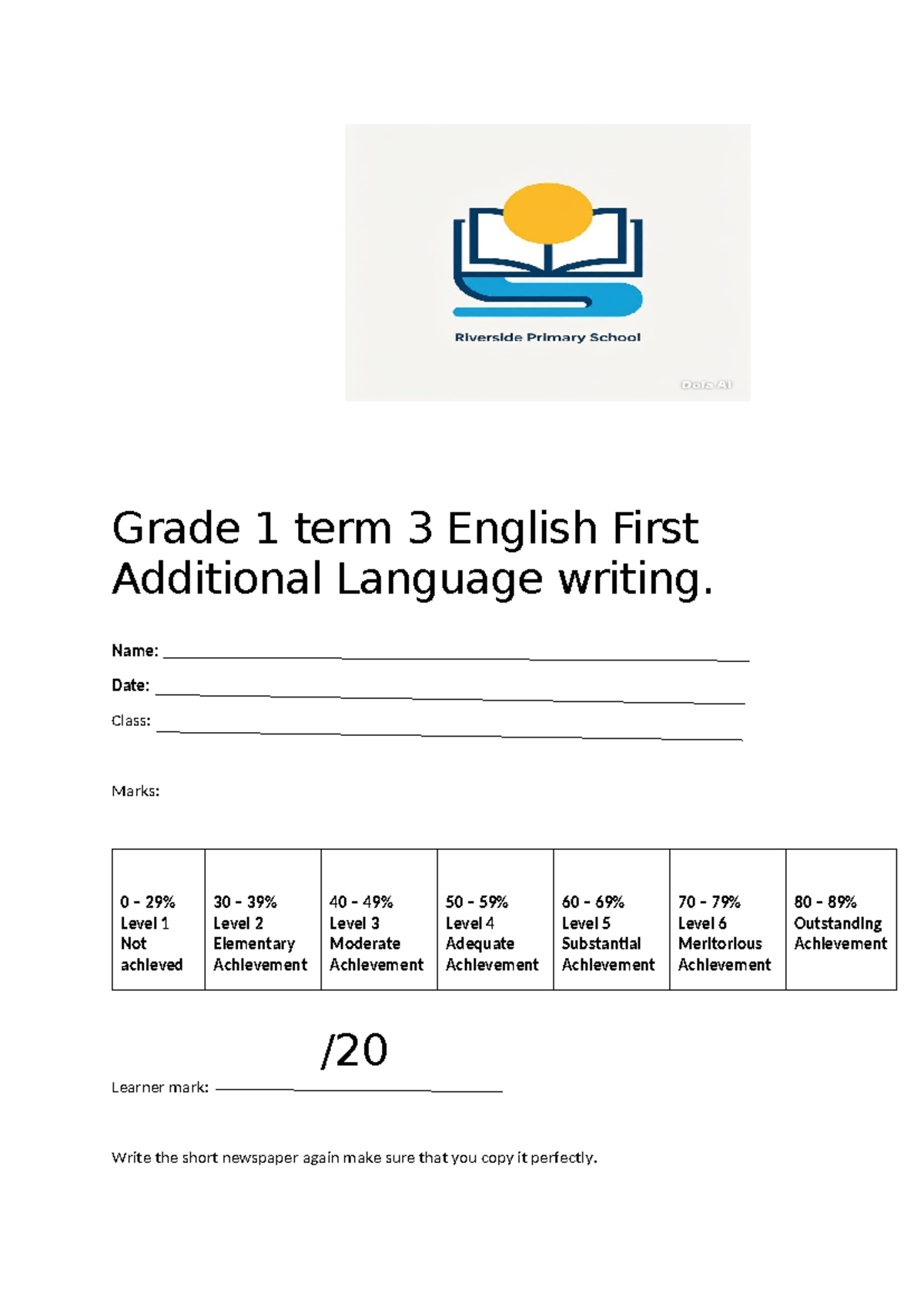 Grade 1 Term 3 English FAL Writing Assessment - Studocu