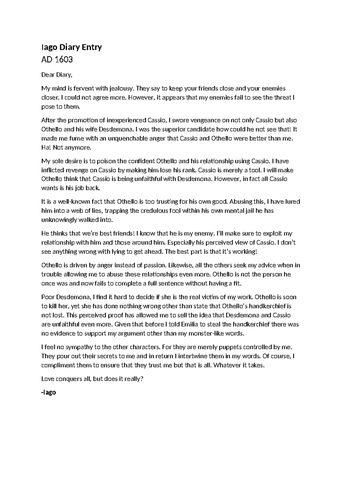 Iago's Cunning Diary Entry: Deception and Manipulation in Othello - Studocu