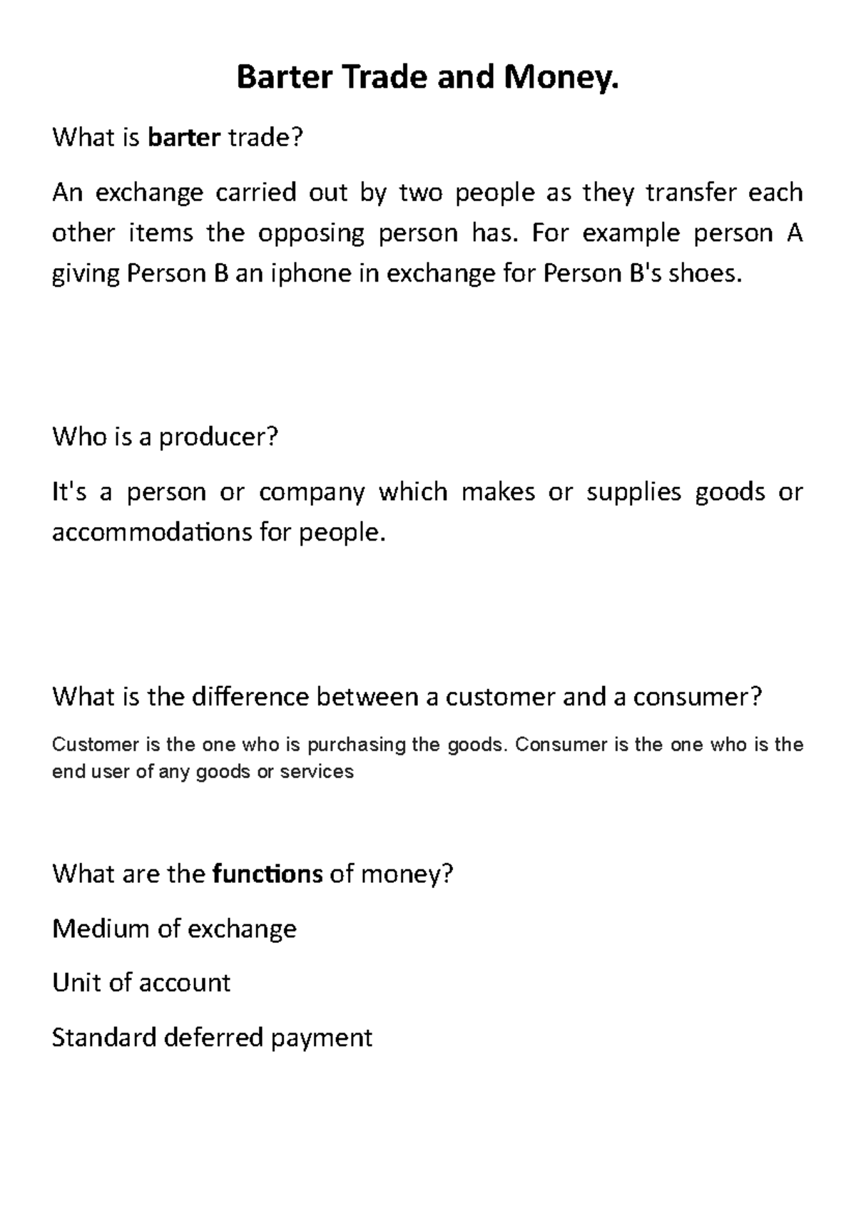 Barter Trade and Money: Key Concepts and Functions - Coursework - Studocu