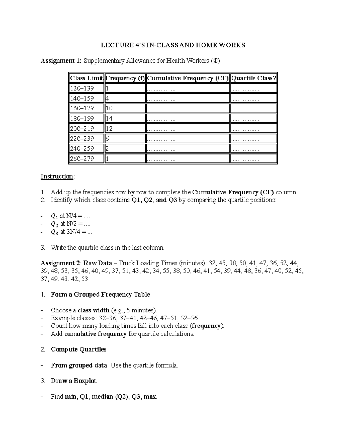 Eng Prob And Stat LECTURE 4: In-Class HW on Quartiles & Variance - Studocu