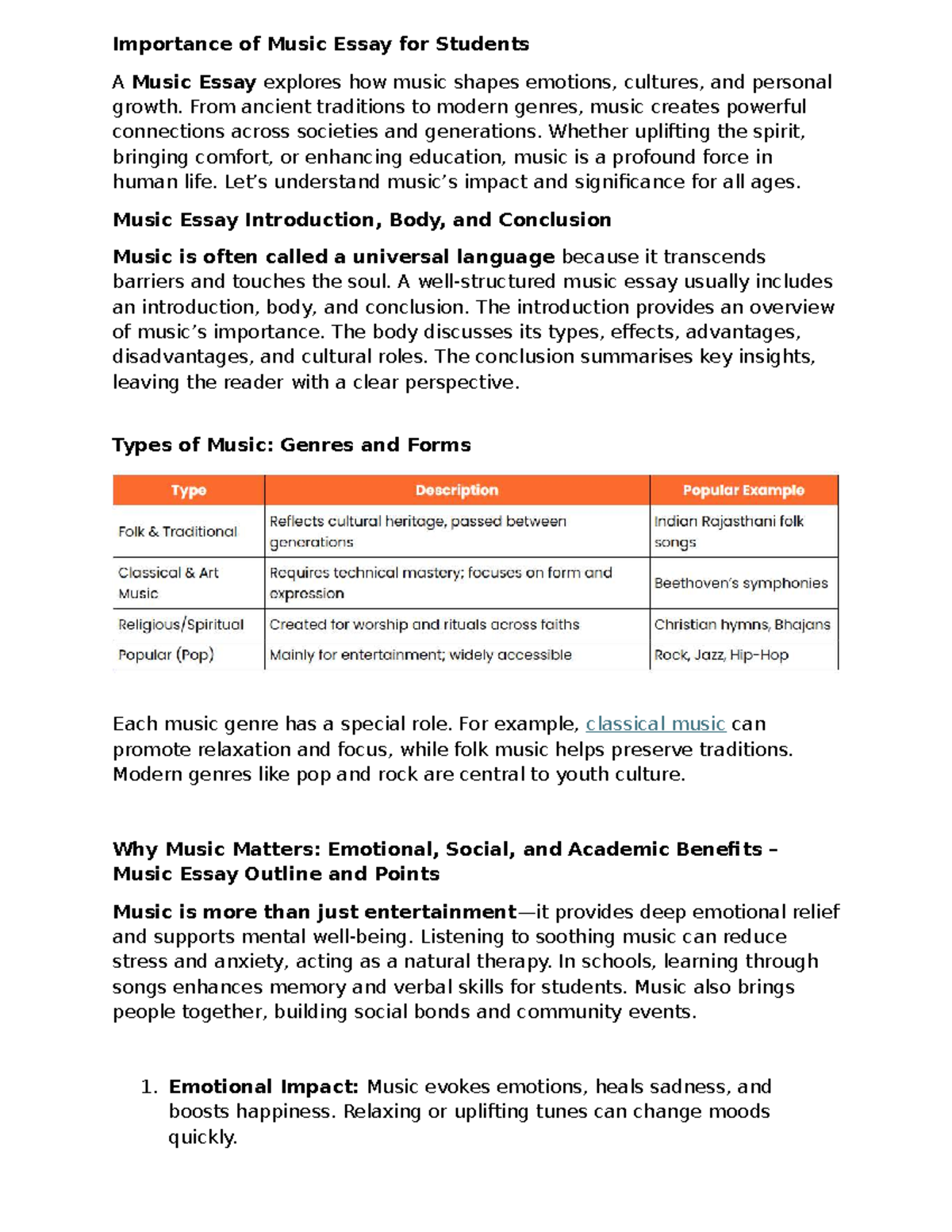 Music Essay Outline for Class 8: Importance and Benefits - Studocu