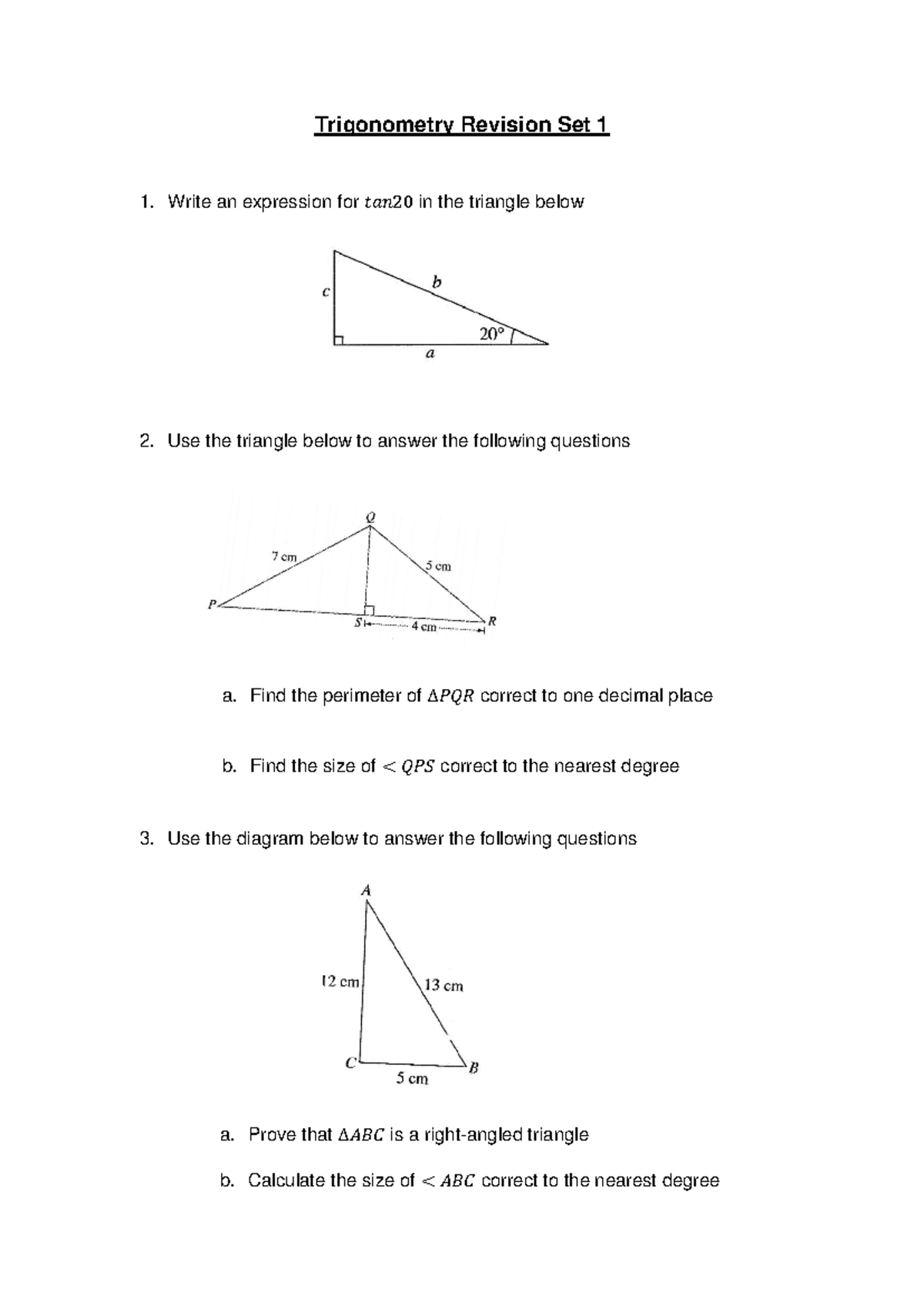 Trigonometry Revision Set 1: Key Concepts and Problems - Studocu