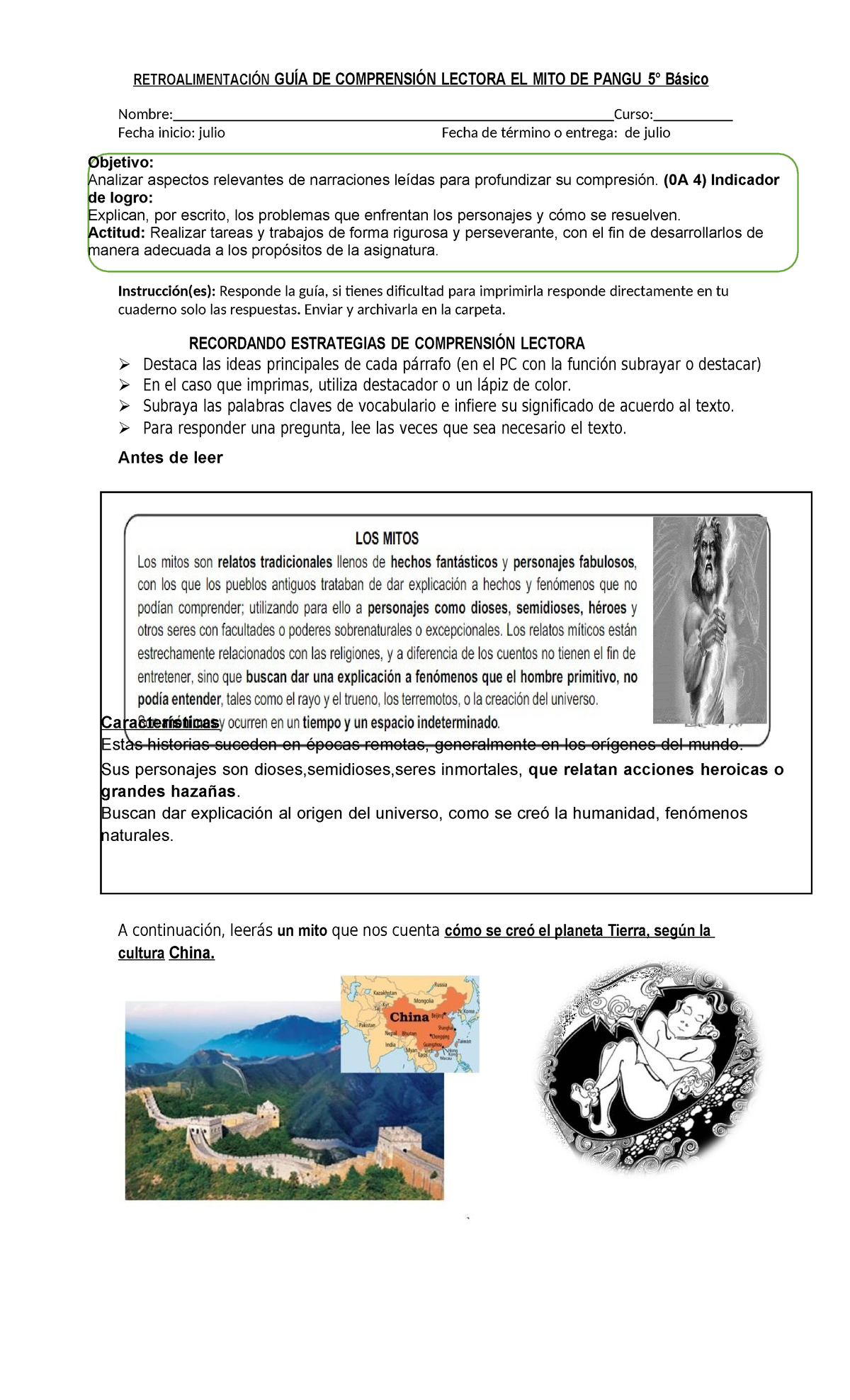 5° Básico - Lenguaje: Guía de Comprensión Lectora del Mito de Pangu ...