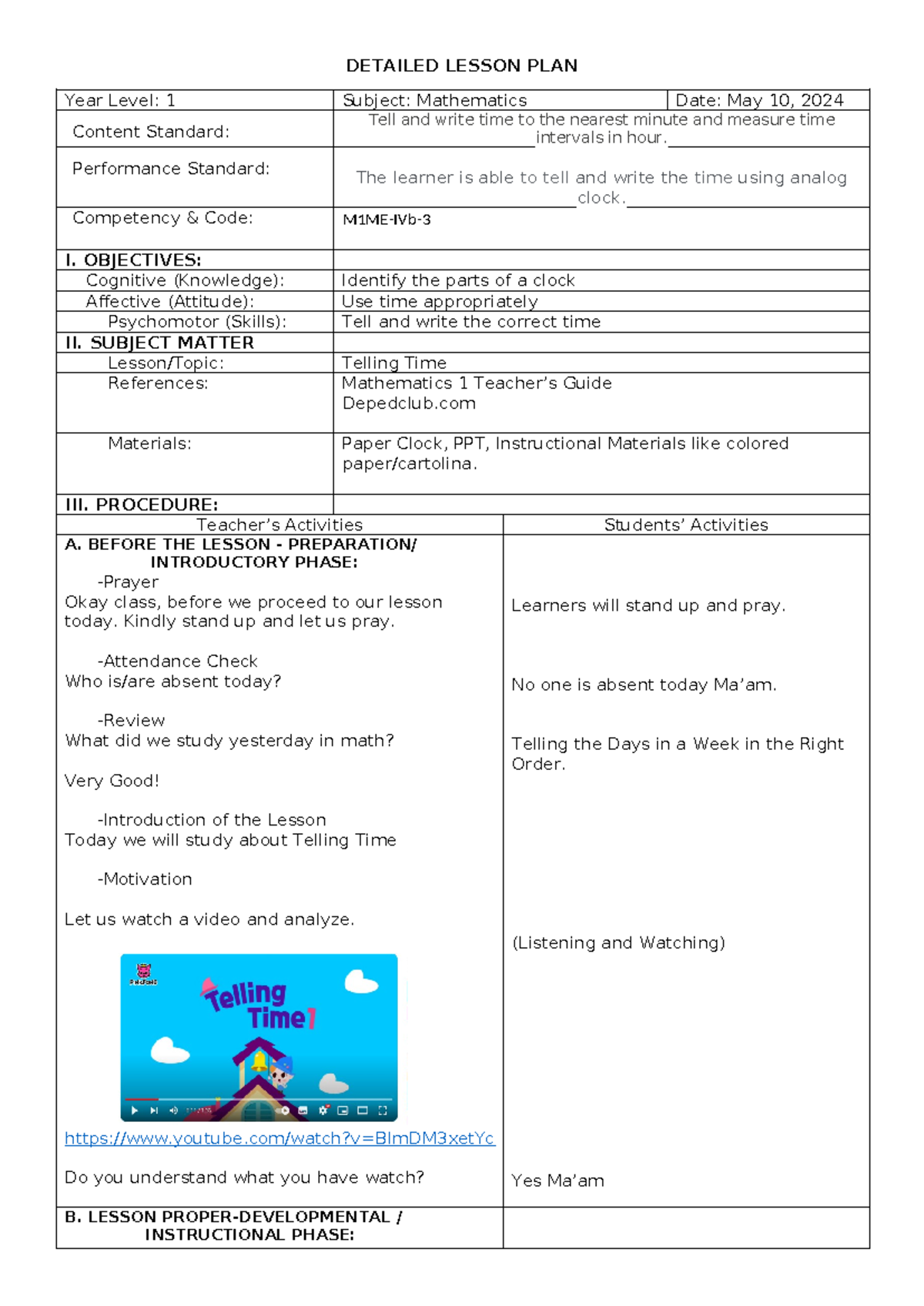 MATH 1: Detailed Lesson Plan on Telling Time - Studocu