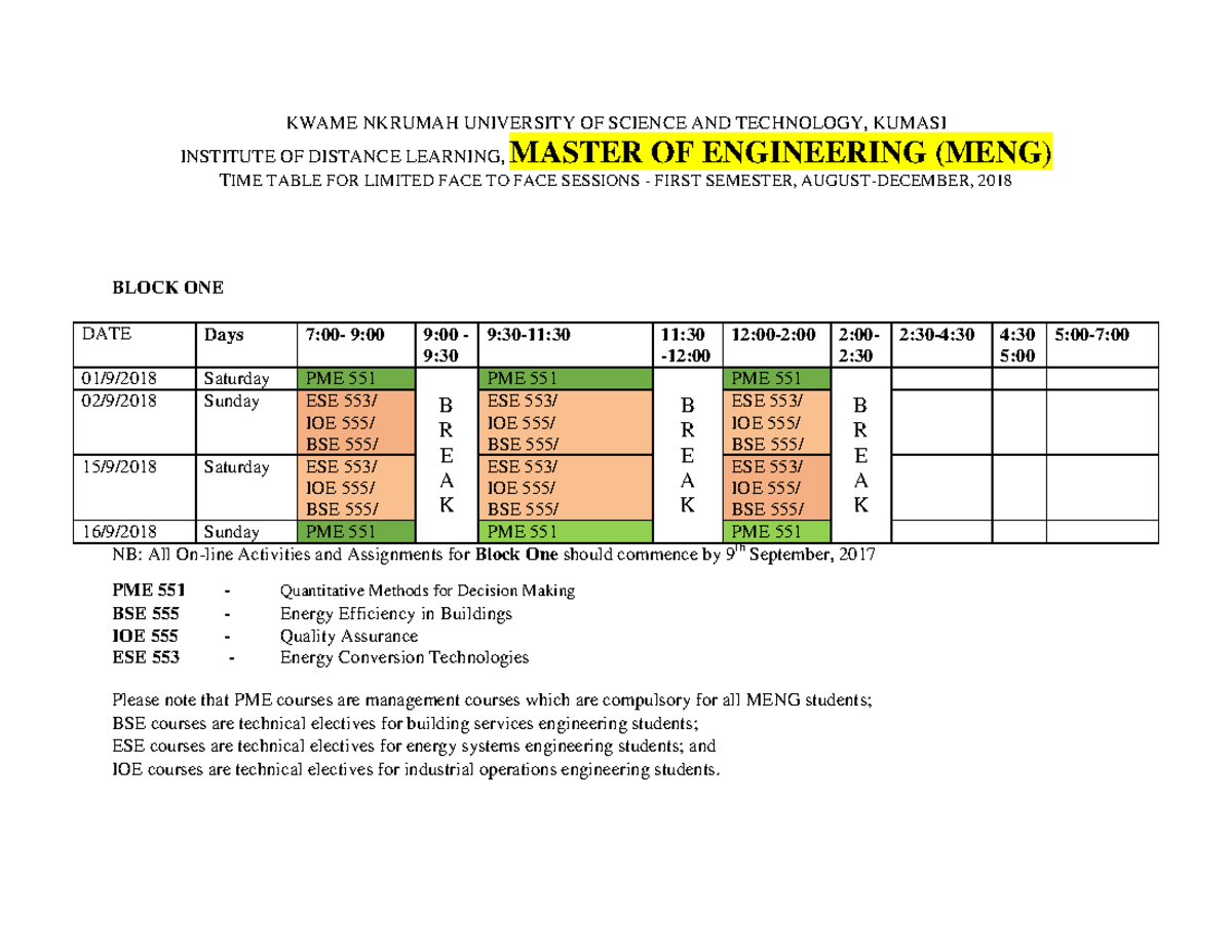 MENG Timetable for Mechanical Engineering First Semester 2018 - Studocu