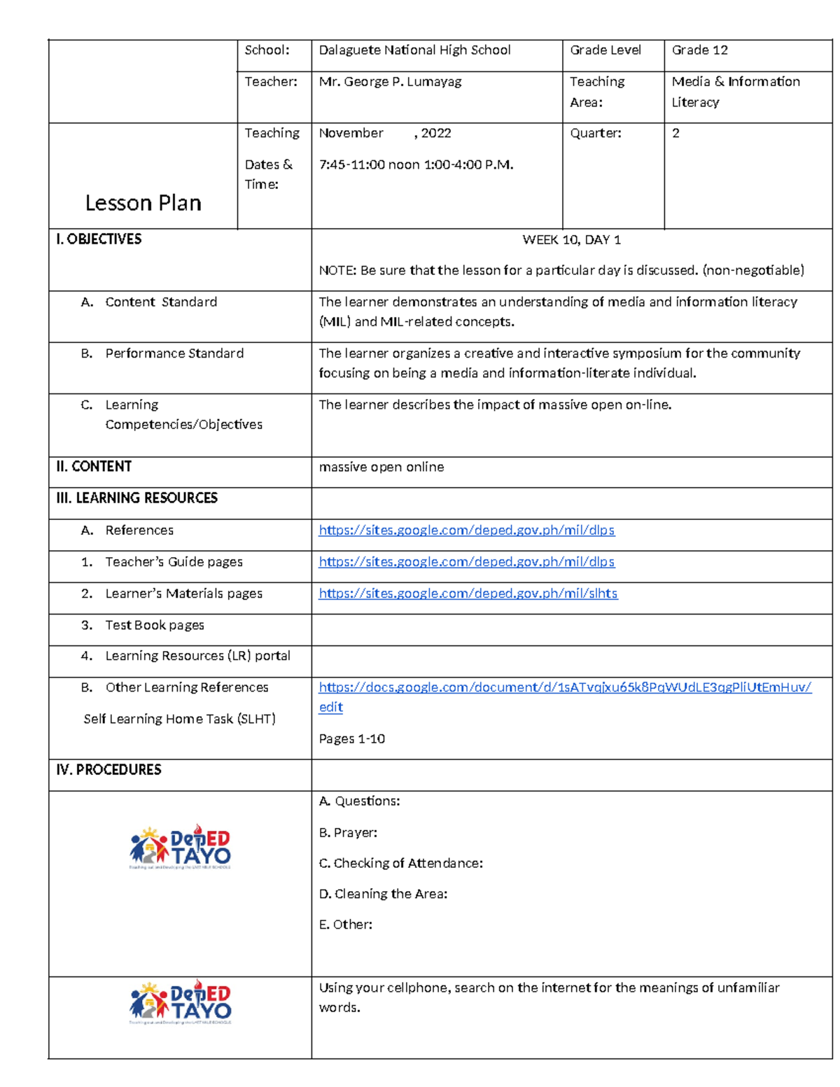 DLP-MIL-Q2-Week 10 Lesson Plan: Understanding MOOCs Impact - Studocu