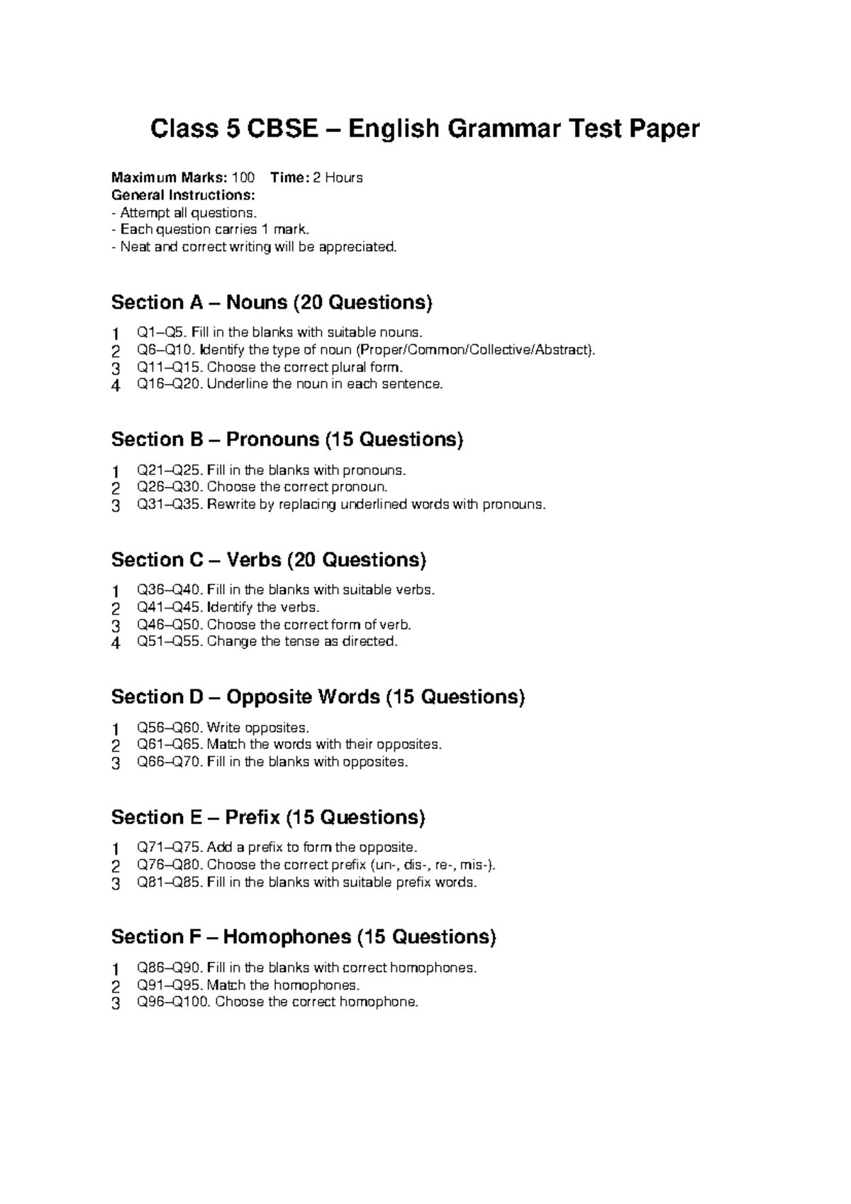 Class 5 CBSE English Grammar Test Paper - Marks: 100, Time: 2 Hours ...