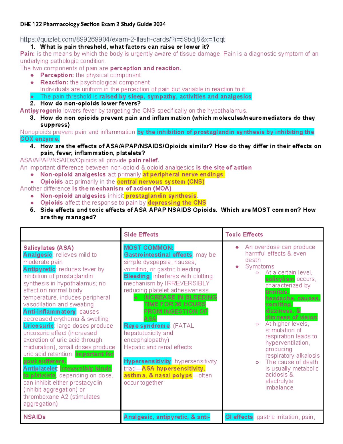 DHE 122 Pharmacology Section Exam 2 Study Guide: ASA, APAP, NSAIDs ...