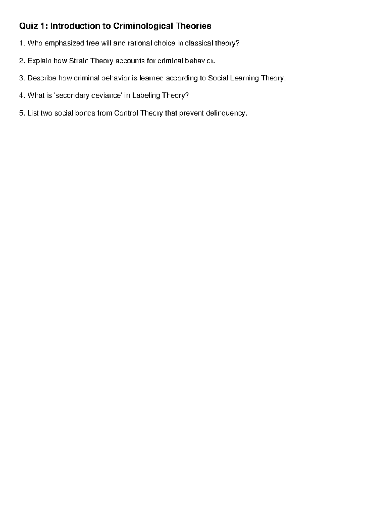 Quiz 1 Introduction to Criminological Theories - Quiz 1: Introduction ...