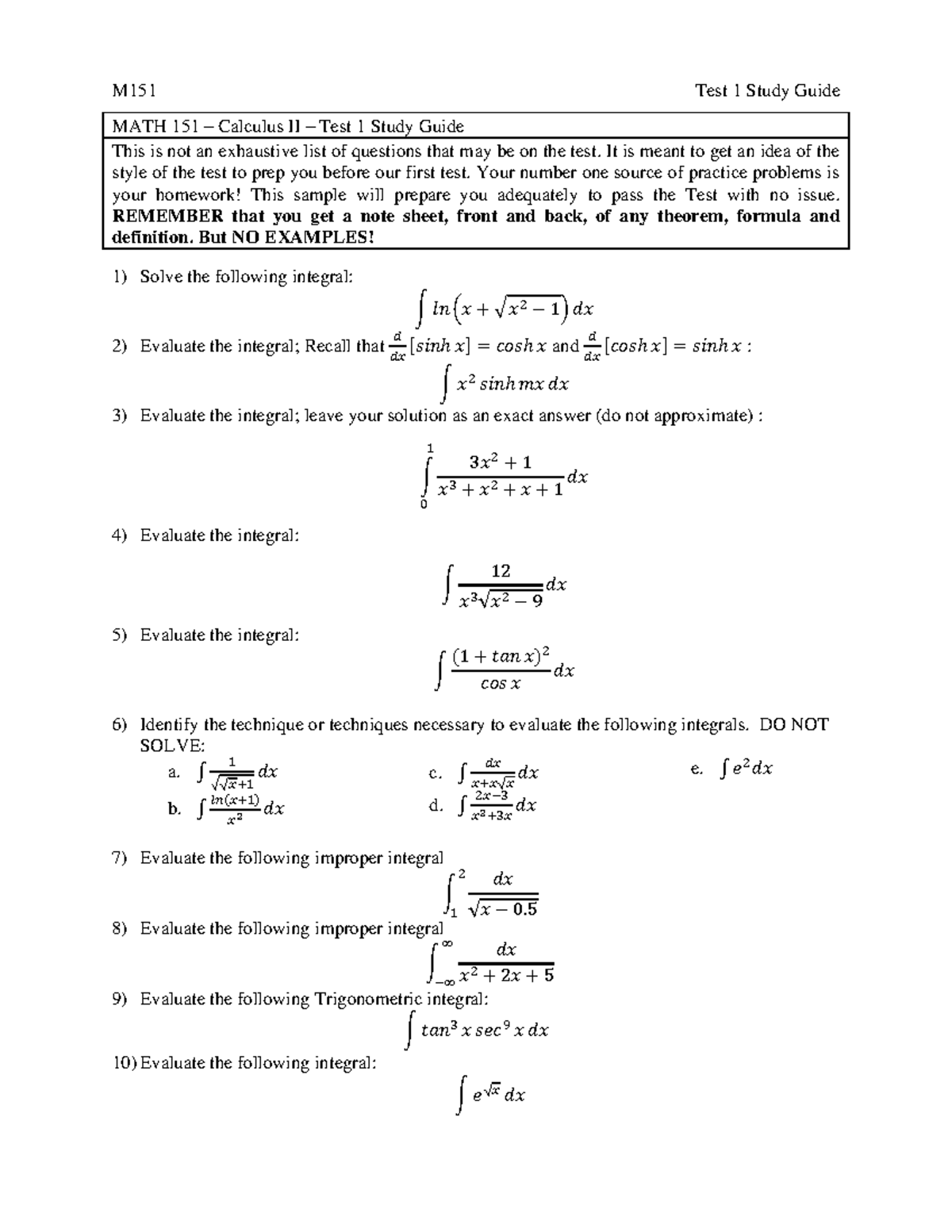 M151 Calculus II Test 1 Study Guide - Key Topics to Review - Studocu
