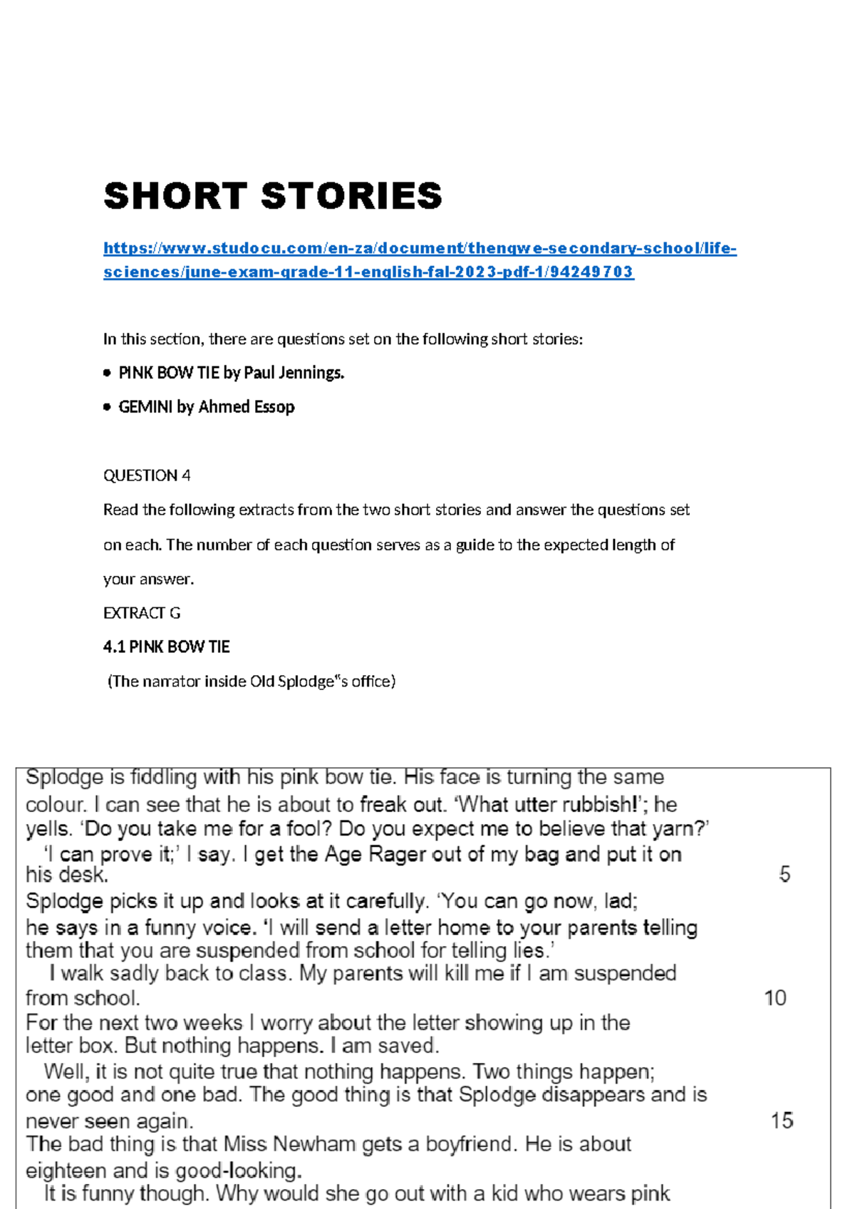 Short Stories - June Exam Questions - Grade 11 FAL (2023) - Studocu