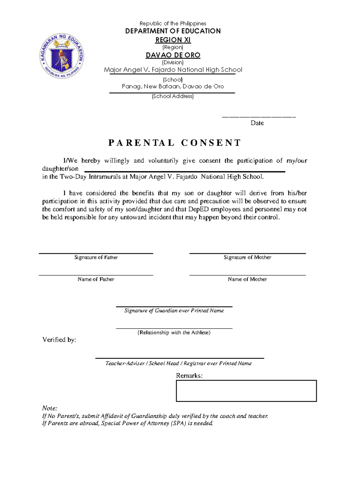 Parental Consent Form for Intramurals - Major Angel V. Fajardo HS - Studocu