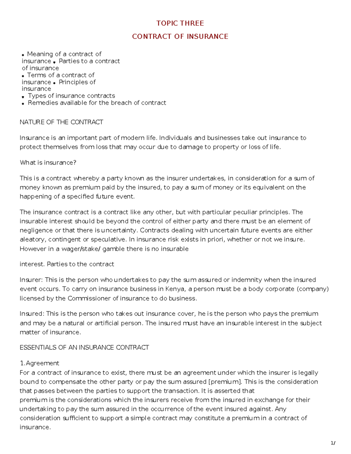 Contract of Insurance: Key Principles and Essentials Explained - Studocu