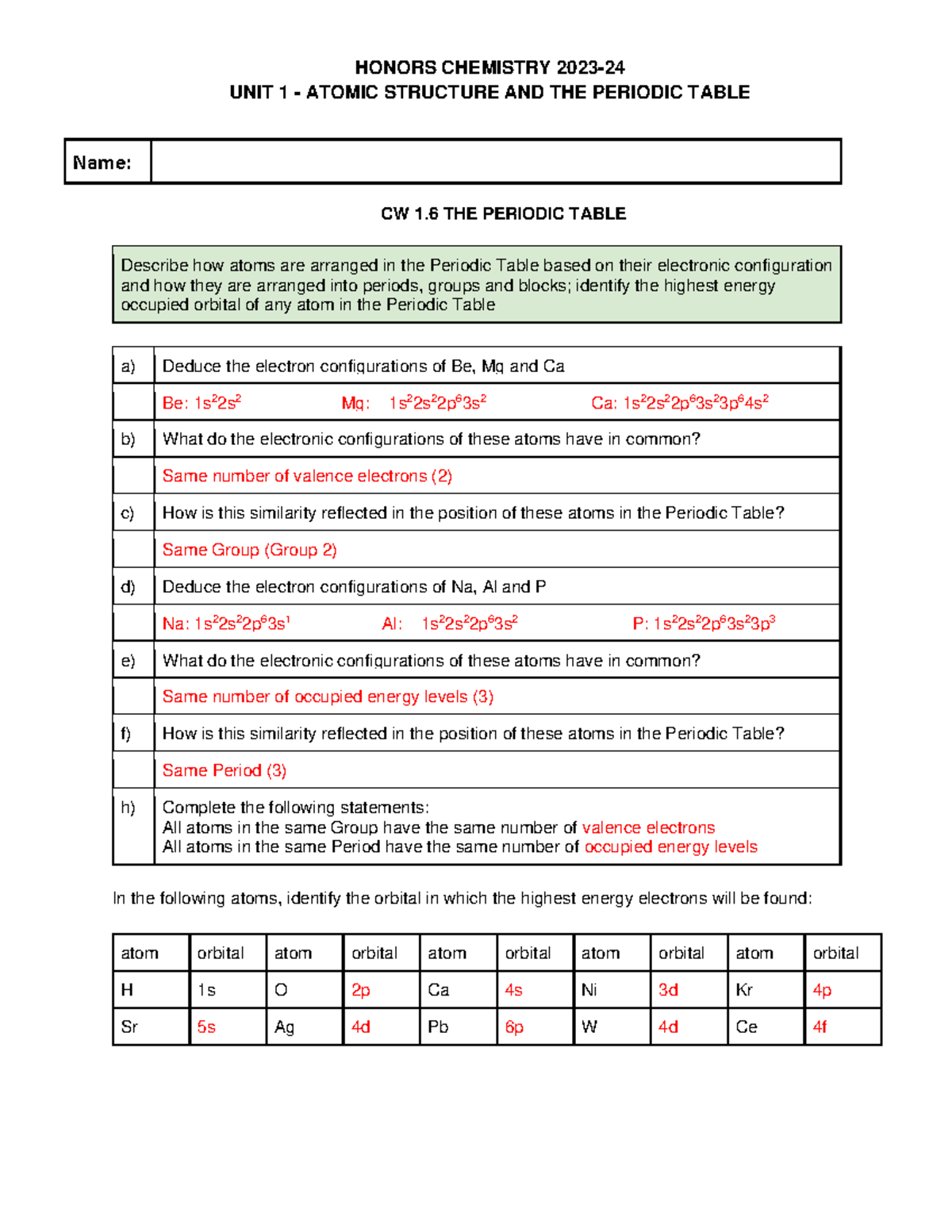 CW 1.6 The Periodic Table and Periodic Trends - HONORS CHEMISTRY 2023 ...
