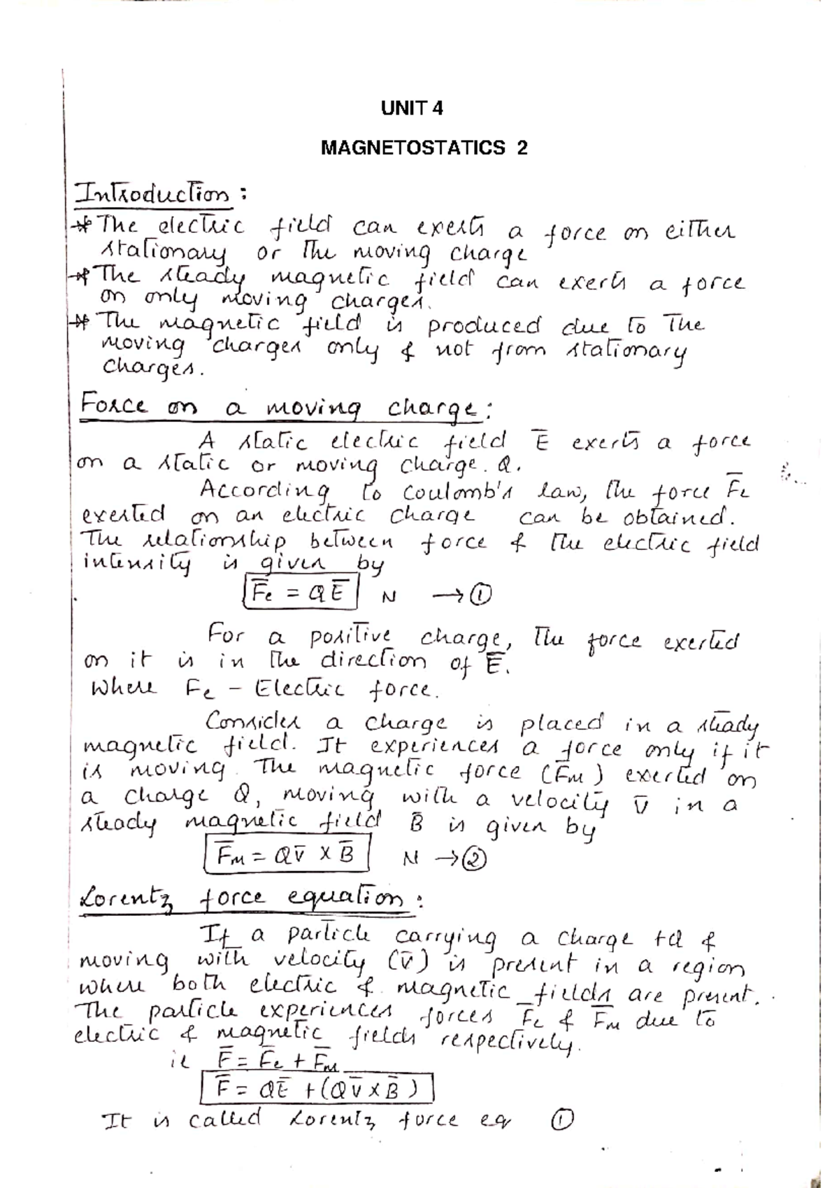 UNIT 4 - Magnetostatics and Electromagnetism Notes - Studocu